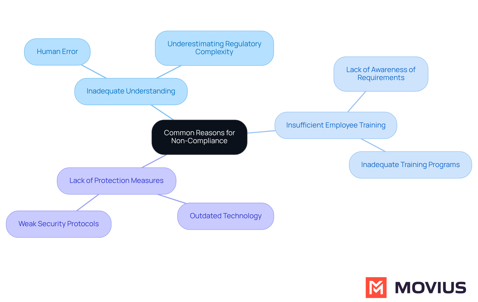 The central node represents the main topic of non-compliance, while the branches show the key reasons and their implications. Each color-coded branch helps you quickly identify different categories of issues related to privacy law compliance.