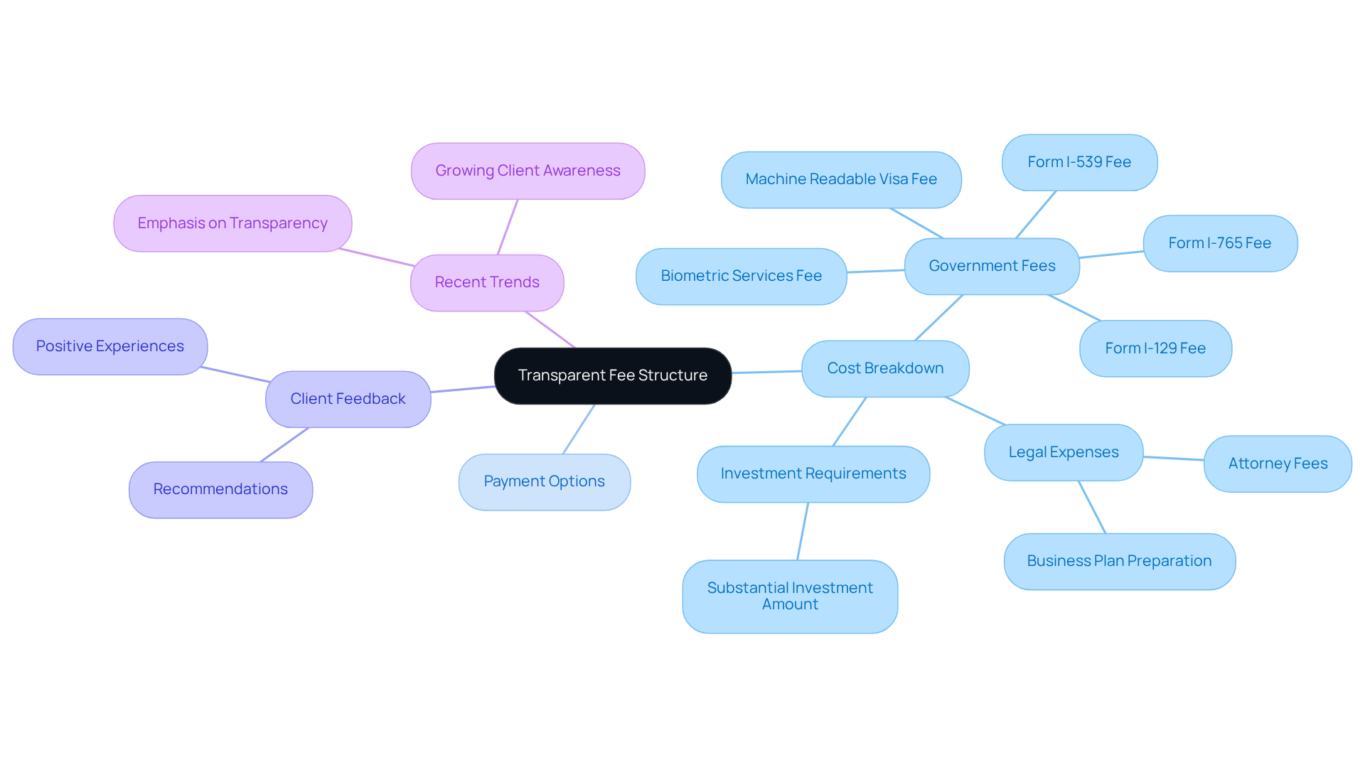 The central node represents our commitment to transparency, while the branches show different aspects of our fee structure. Each sub-branch provides more detail, helping you understand how we support you financially during your immigration journey. The central node represents our commitment to transparency, while the branches show different aspects of our fee structure. Each sub-branch provides more detail, helping you understand how we support you financially during your immigration journey.