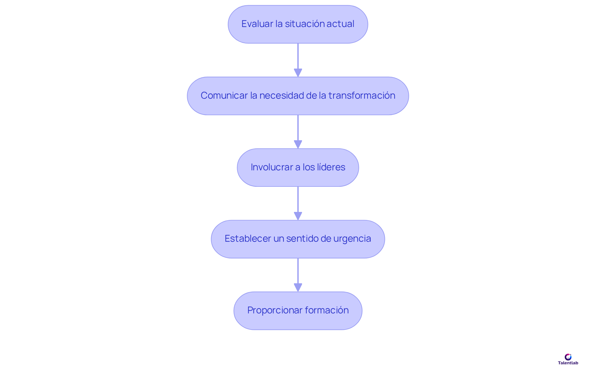Cada paso representa una etapa en el proceso de transformación organizacional. Sigue las flechas para ver cómo se avanza de un paso al siguiente y cómo cada uno contribuye al éxito del cambio.