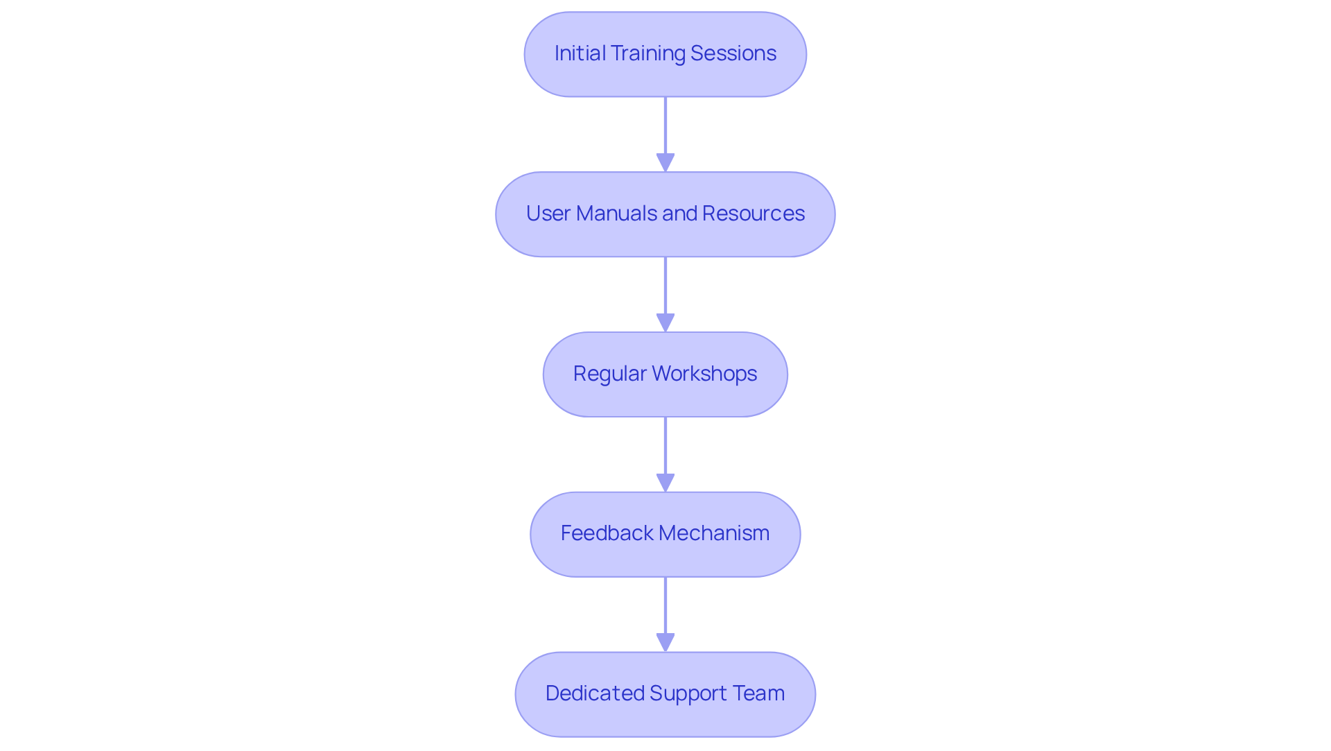 Each box represents a step in the training and support process. Follow the arrows to see how each strategy builds on the previous one, leading to effective use of the software.