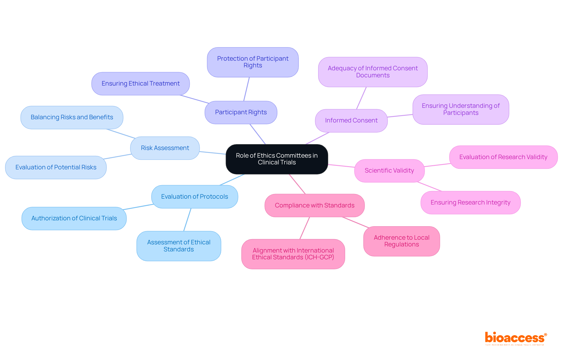The central node represents the main topic, while the branches show the various responsibilities and considerations of ethics committees. Each branch helps you understand how these committees contribute to the ethical conduct of clinical trials. The central node represents the main topic, while the branches show the various responsibilities and considerations of ethics committees. Each branch helps you understand how these committees contribute to the ethical conduct of clinical trials.