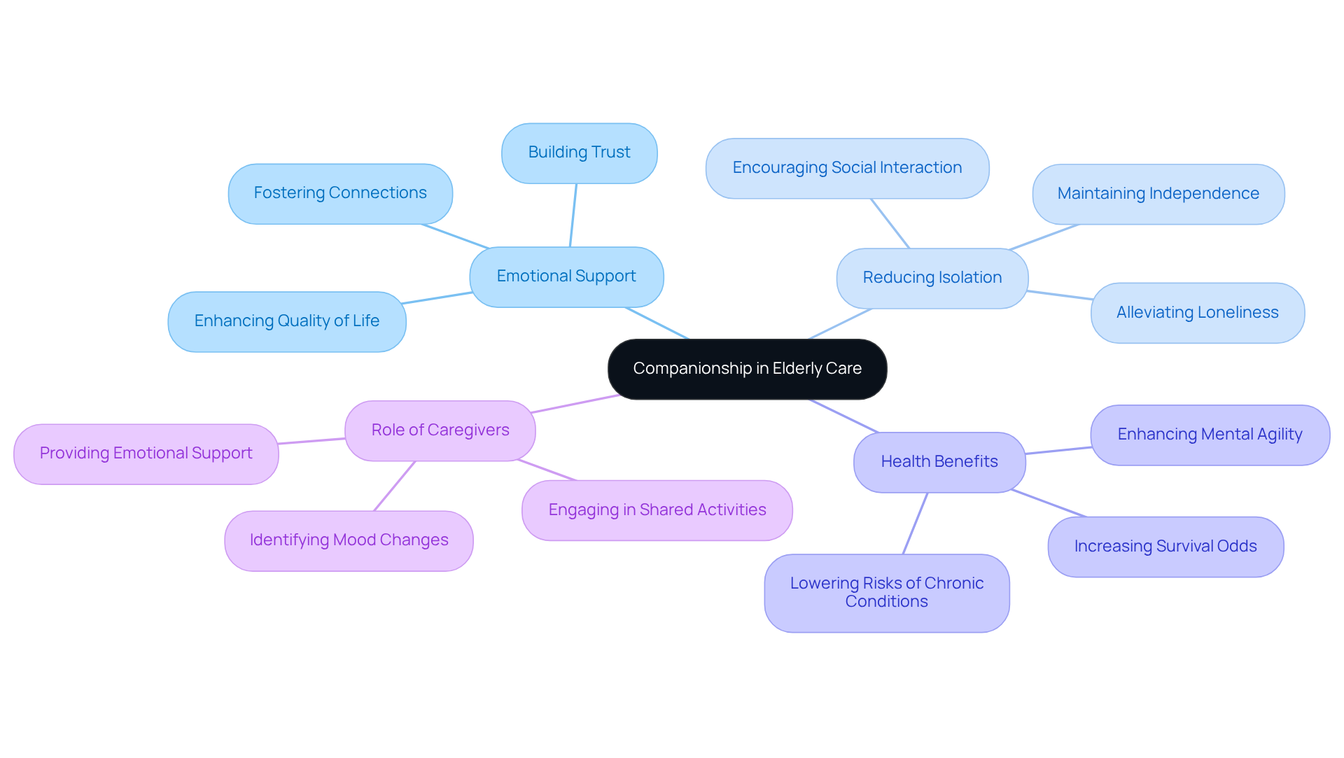 The central theme represents the importance of companionship, while the branches illustrate specific aspects, showing how they contribute to a better quality of life for elderly individuals.
