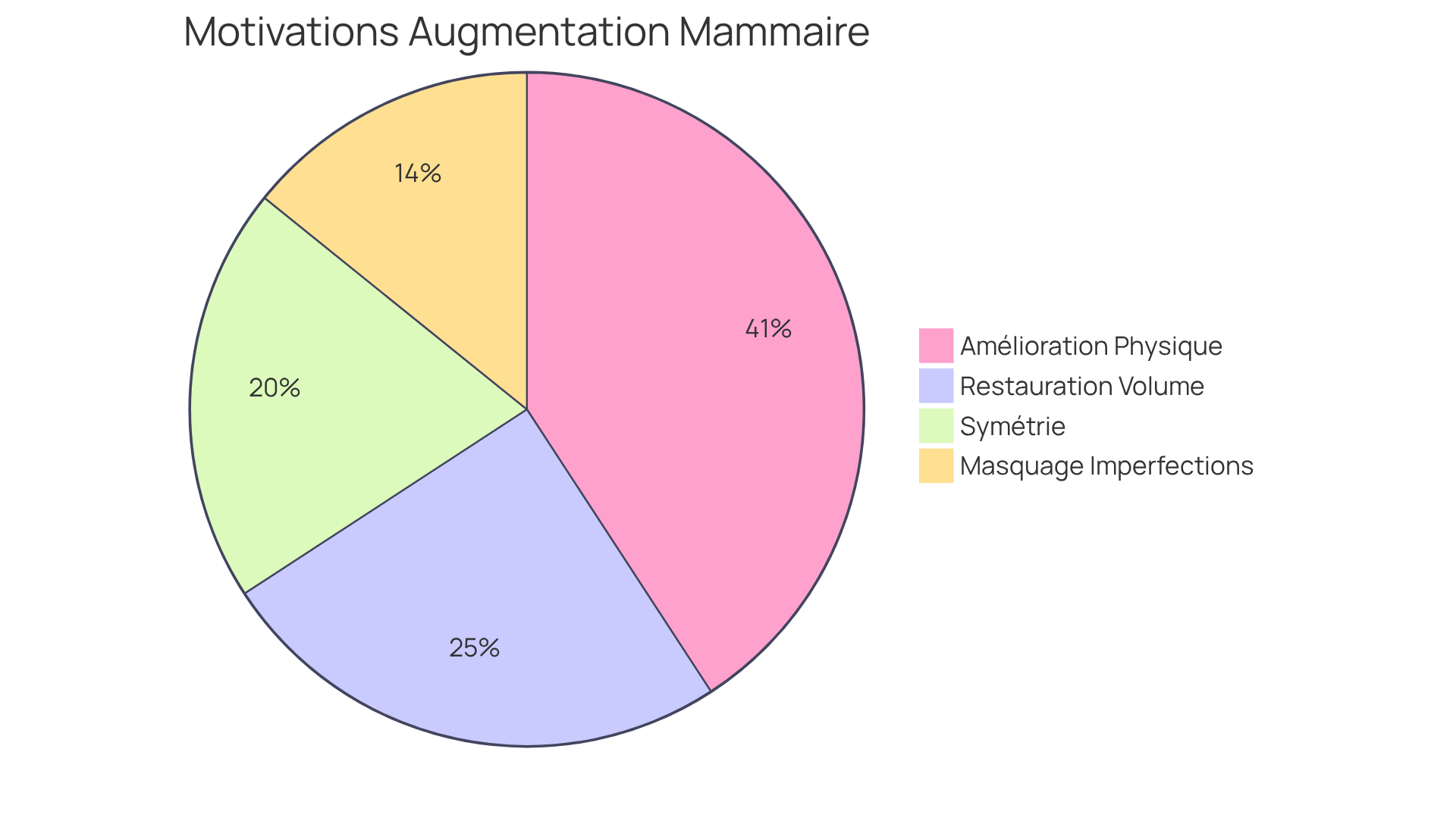 Chaque segment du camembert montre une motivation différente pour l'augmentation mammaire. Plus le segment est grand, plus cette motivation est courante parmi les femmes qui envisagent cette chirurgie.