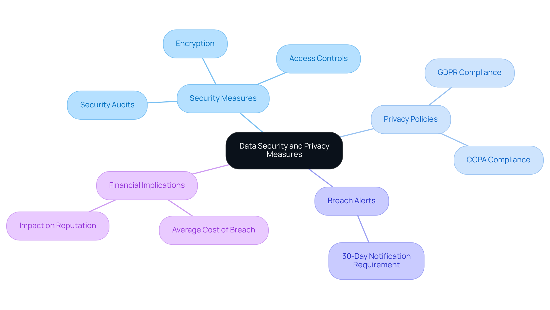 The central node represents the main theme of data security and privacy. Each branch shows a key area of focus, with further details branching out to explain specific actions or requirements. This layout helps visualize how all these components work together to protect sensitive information.