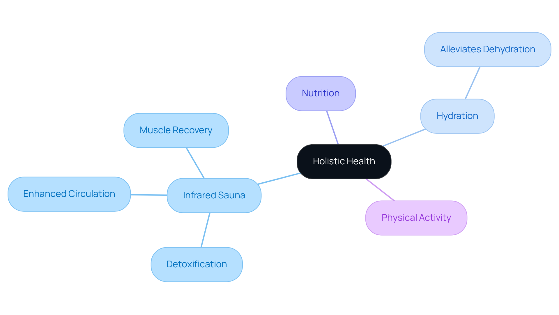 The central idea is Holistic Health. Each branch represents a key component of the wellness routine. Follow the branches to see how infrared sauna therapy connects to hydration, nutrition, and physical activity, along with their benefits.