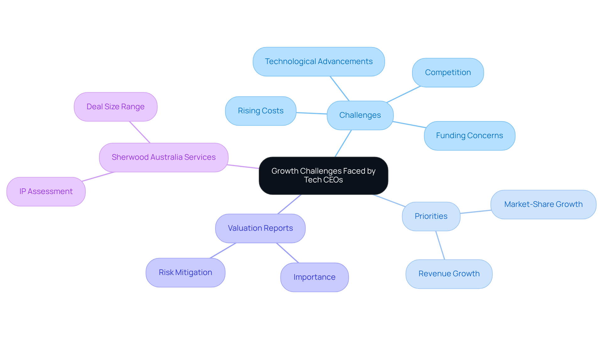 This mindmap starts with the main topic in the center and branches out to show various challenges and priorities for tech CEOs. Each branch represents a key area of focus, helping you see how they relate to one another and the services that can assist in overcoming these challenges. This mindmap starts with the main topic in the center and branches out to show various challenges and priorities for tech CEOs. Each branch represents a key area of focus, helping you see how they relate to one another and the services that can assist in overcoming these challenges.