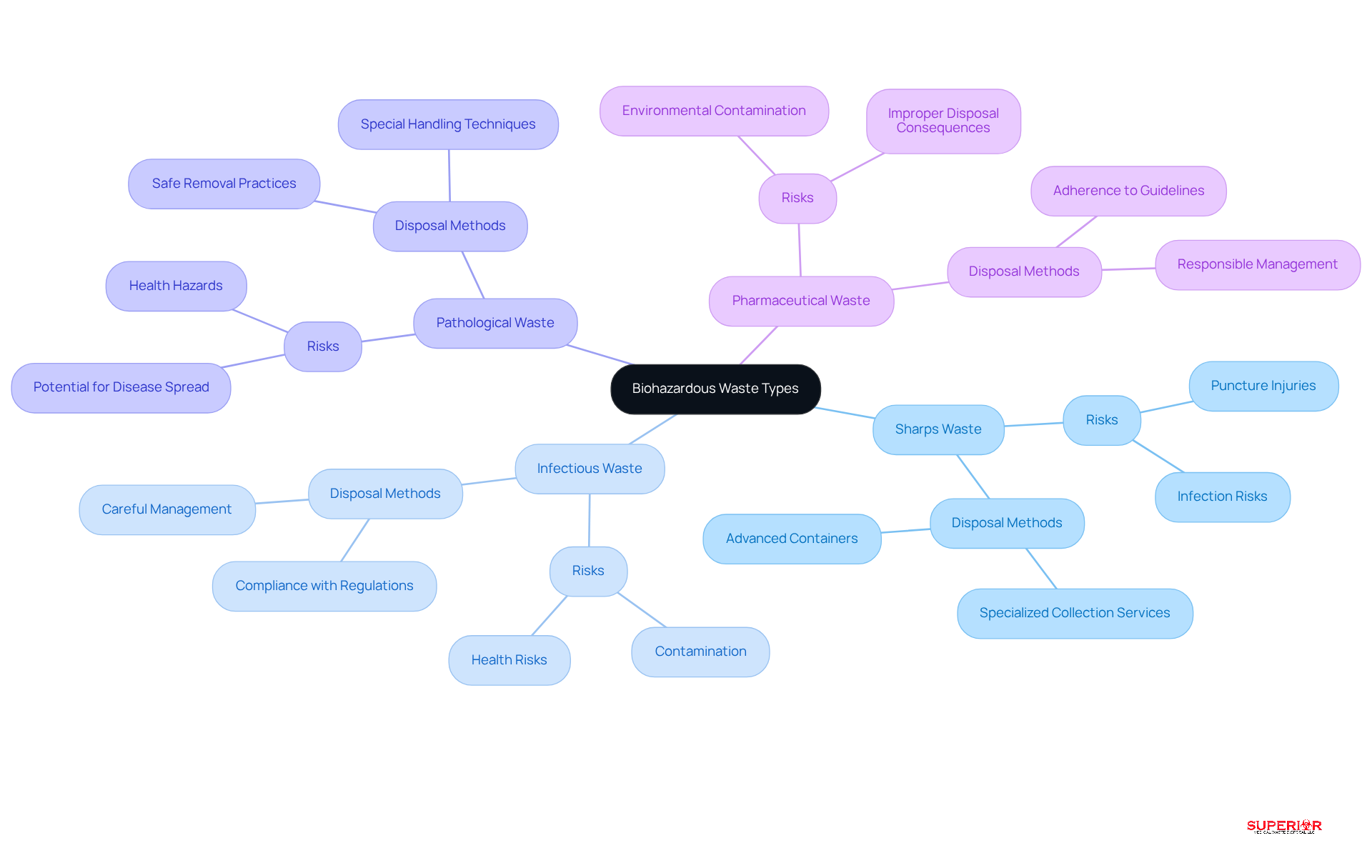 The central node represents the main topic of biohazardous waste. Each branch shows a specific type of waste, with further details on risks and disposal practices. This layout helps you quickly grasp the different categories and their importance in healthcare settings.
