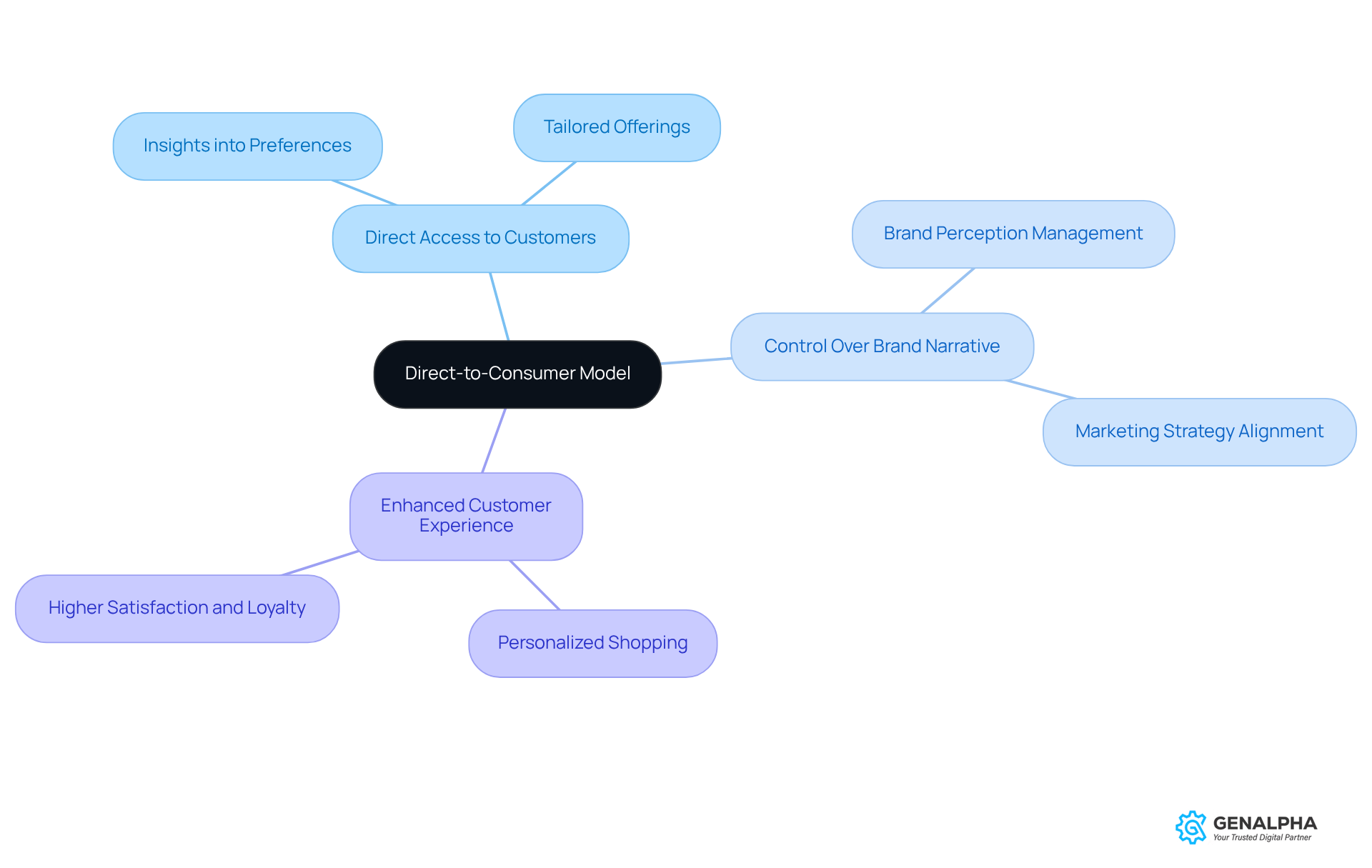 Start at the center with the DTC model, then explore each branch to see how it connects to key components that enhance the relationship between producers and consumers.