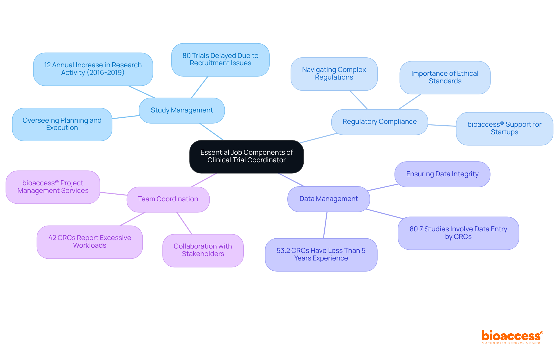 The central node represents the overall role, while each branch highlights a key responsibility. Sub-branches provide additional details and statistics, helping you understand the complexities and requirements of the position.