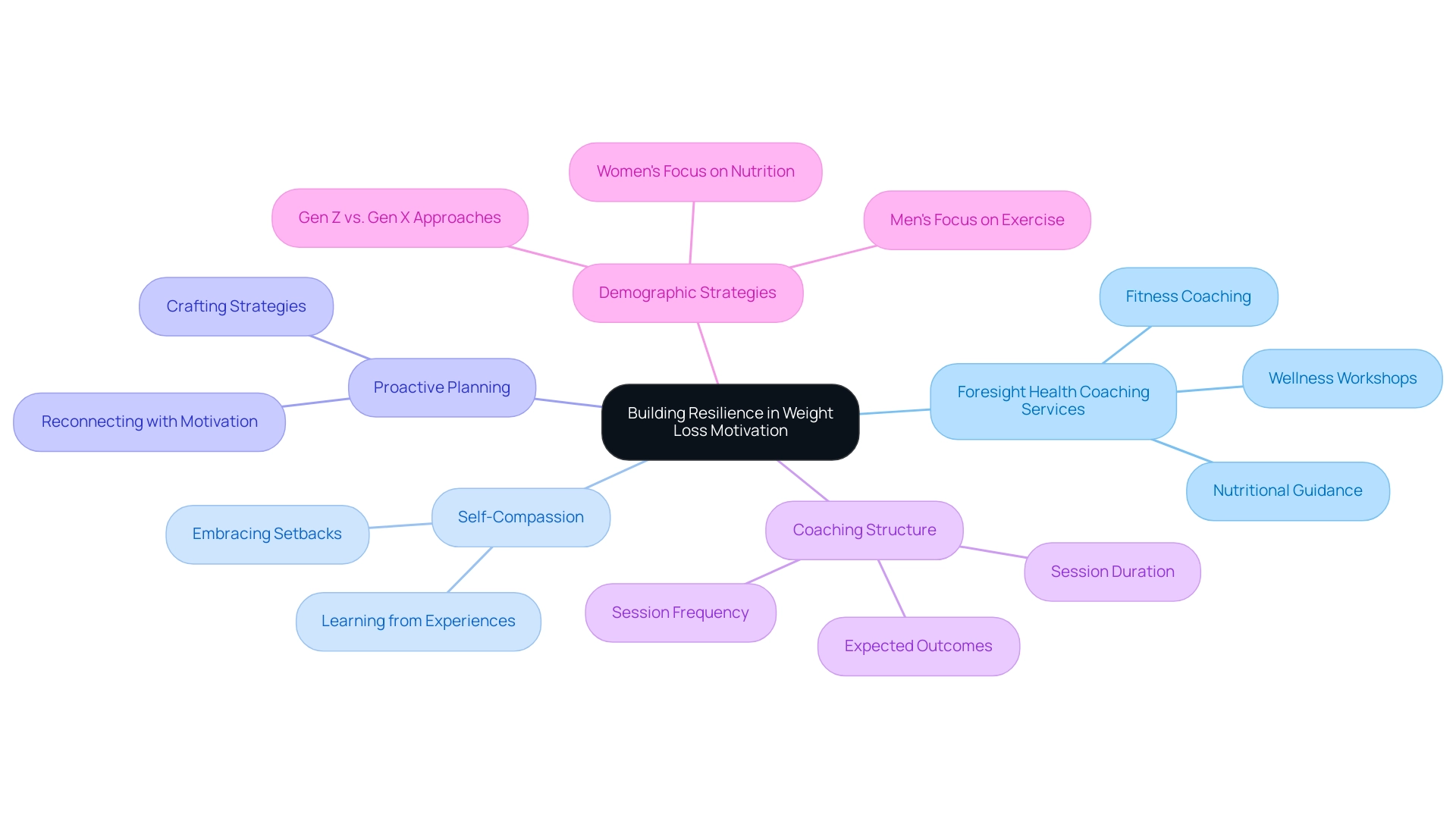 The central node represents the theme of resilience in weight loss, with branches indicating services offered, coping strategies, coaching structure, and demographic approaches.