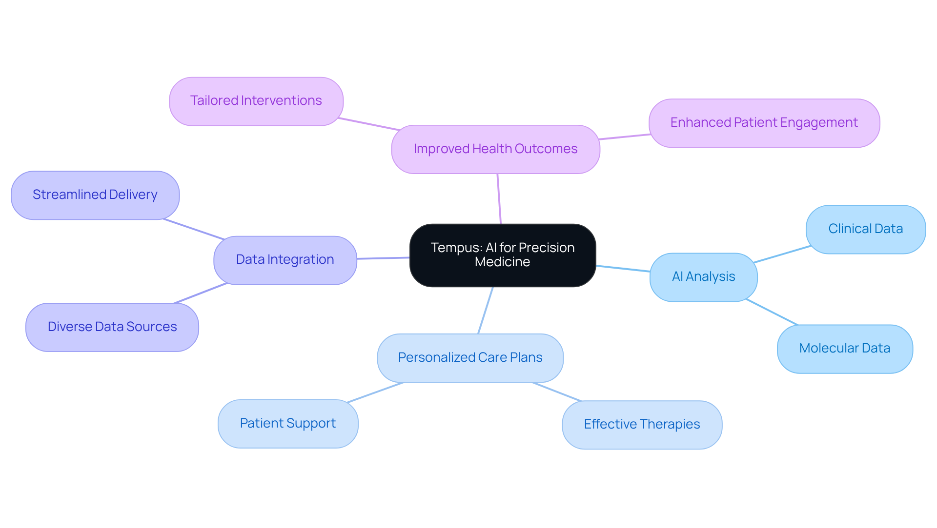 The central node represents Tempus's role in precision medicine, while the branches illustrate how AI and data integration contribute to personalized treatment plans and better health outcomes. The central node represents Tempus's role in precision medicine, while the branches illustrate how AI and data integration contribute to personalized treatment plans and better health outcomes.