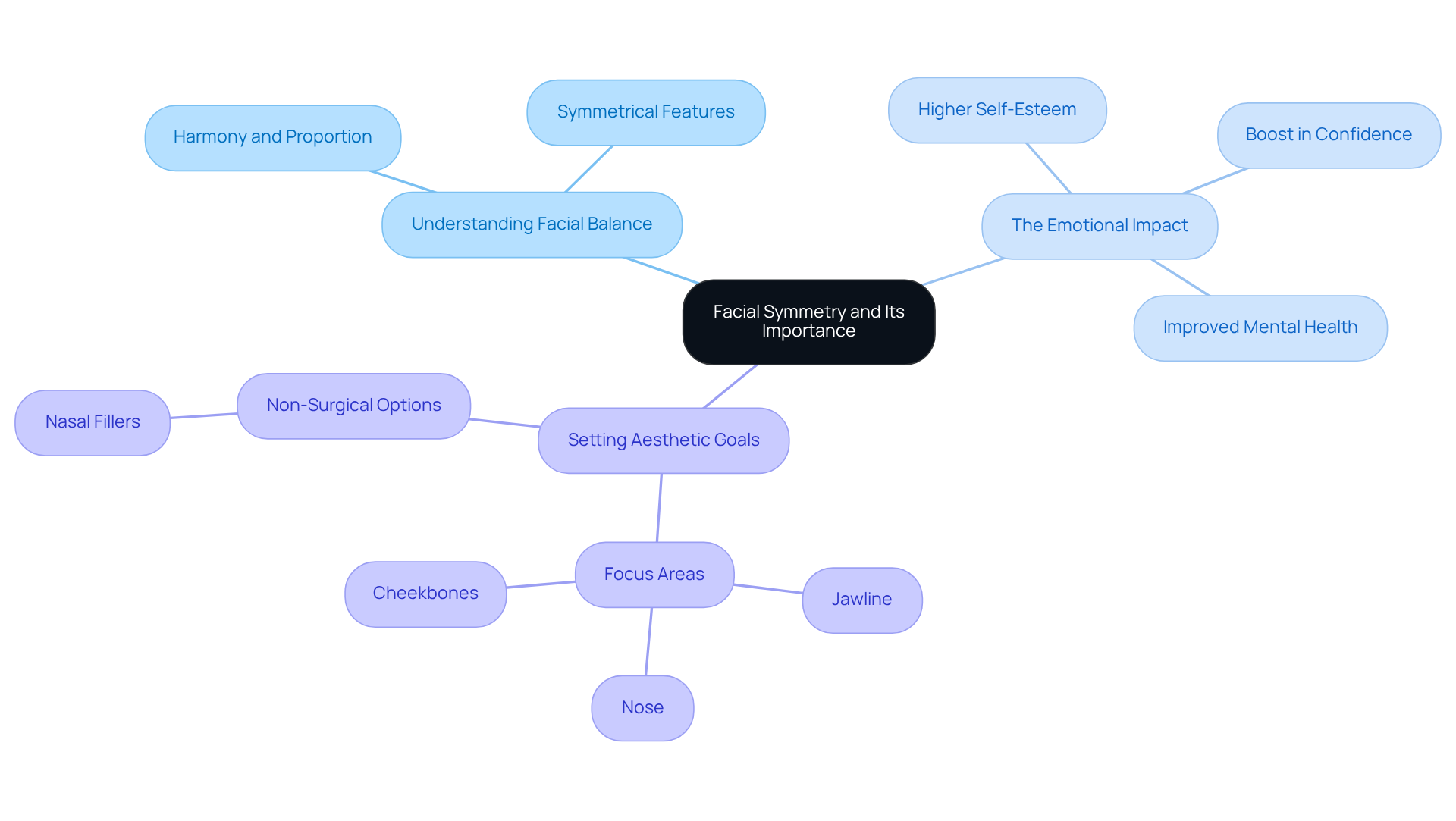 Start at the center with the main idea of facial symmetry, then explore the branches to see how it relates to balance, emotions, and personal goals in aesthetic surgery.