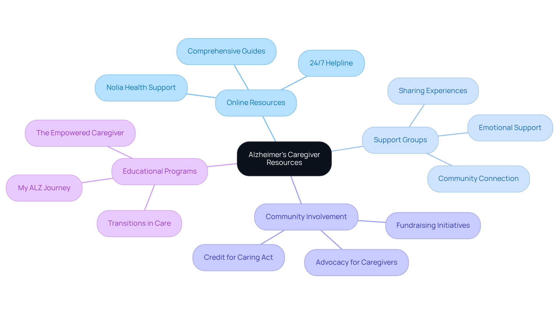 The central node represents the overall theme of caregiver resources, while the branches show different areas of support available. Each sub-branch provides more detail on specific resources or programs, helping caregivers understand the full range of assistance they can access.