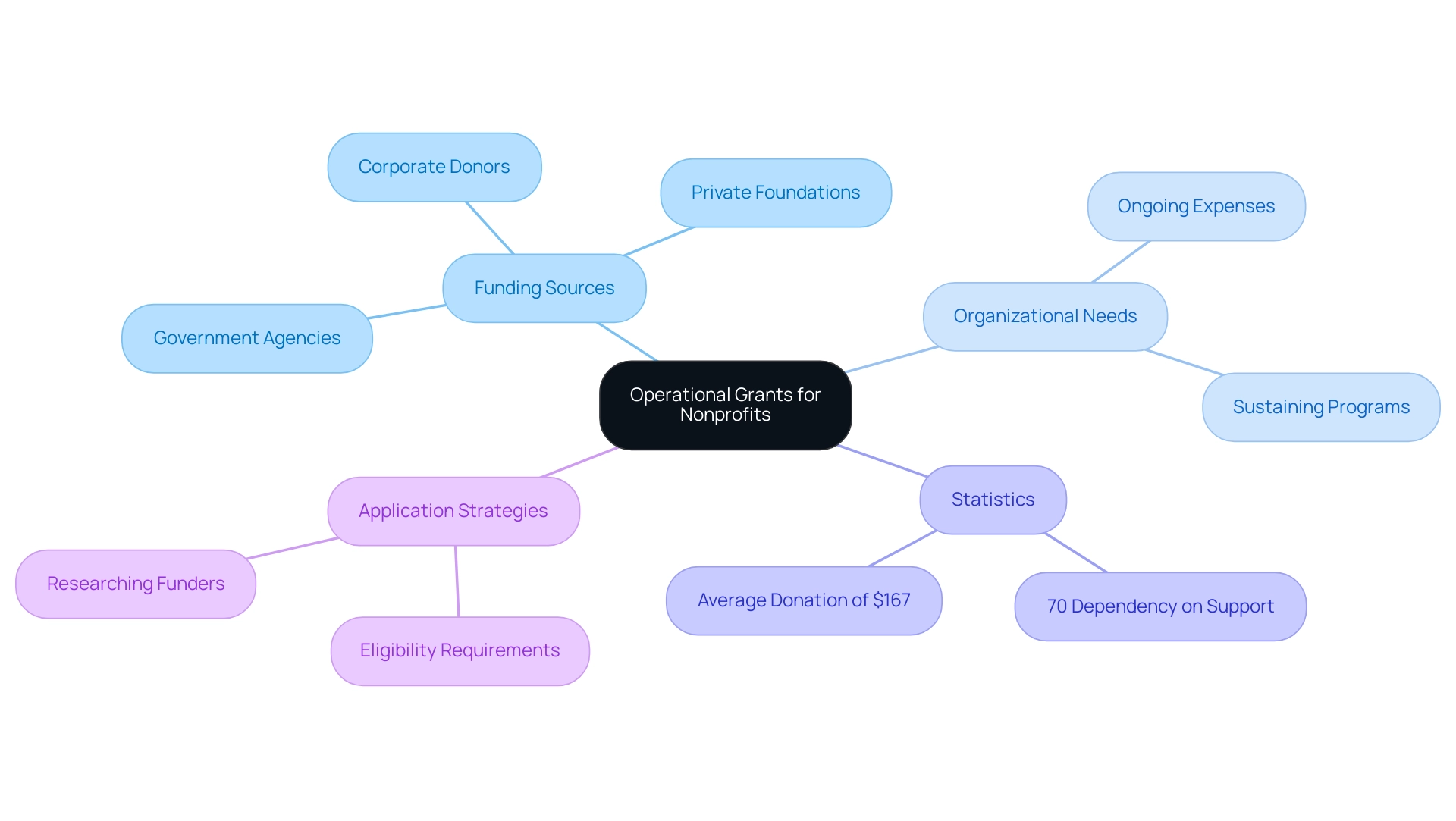 The central node represents operational grants, with branches indicating funding sources, organizational needs, relevant statistics, and application strategies. The central node represents operational grants, with branches indicating funding sources, organizational needs, relevant statistics, and application strategies.