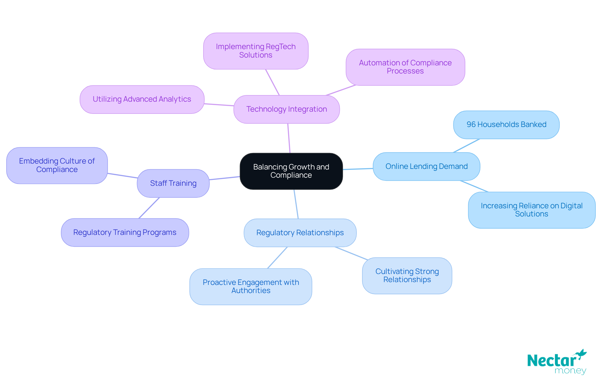 The central node represents the main focus of balancing growth with compliance. Each branch illustrates a key area of consideration, showing how they contribute to the overall strategy.