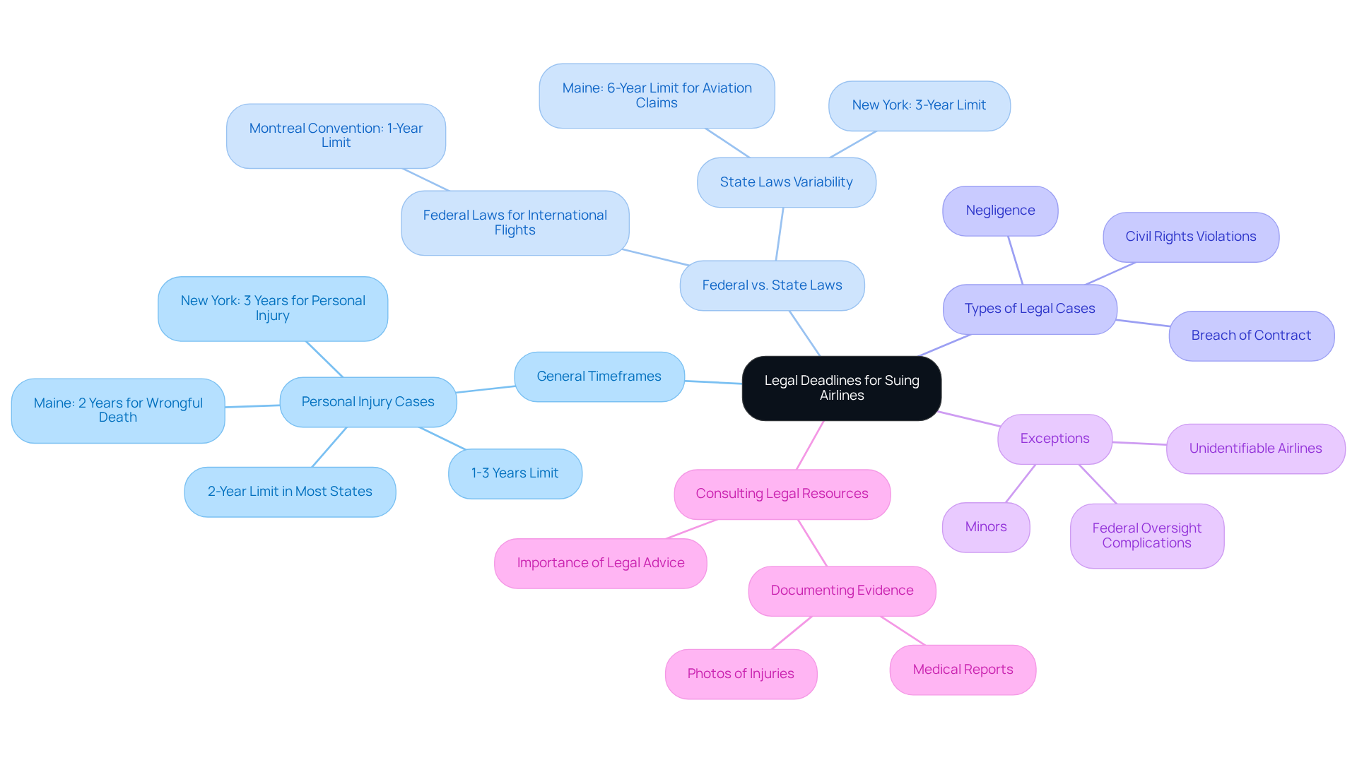 The central node represents the main topic, while the branches show different aspects of legal deadlines. Each sub-branch provides more detailed information, helping you navigate the complexities of suing airlines.