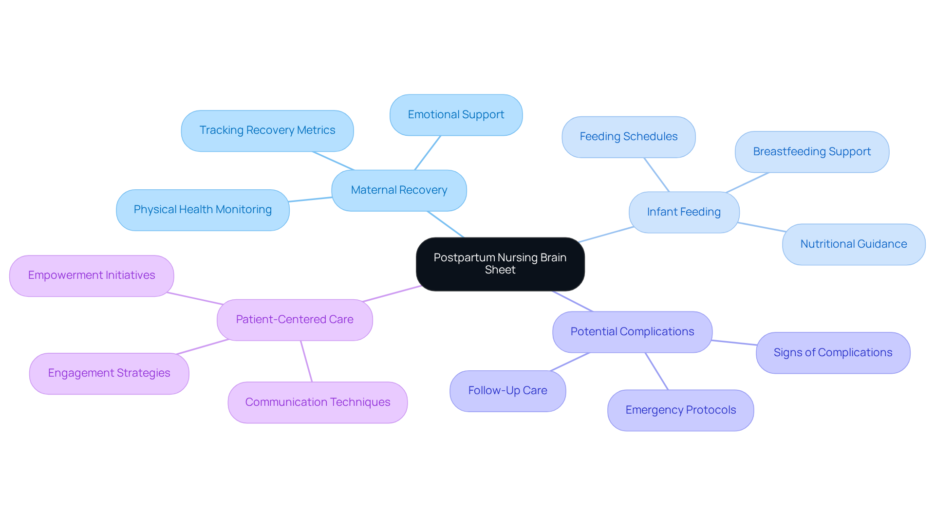 Start at the center with the brain sheet, then explore the branches to see how each aspect of maternal care connects and contributes to improving outcomes.
