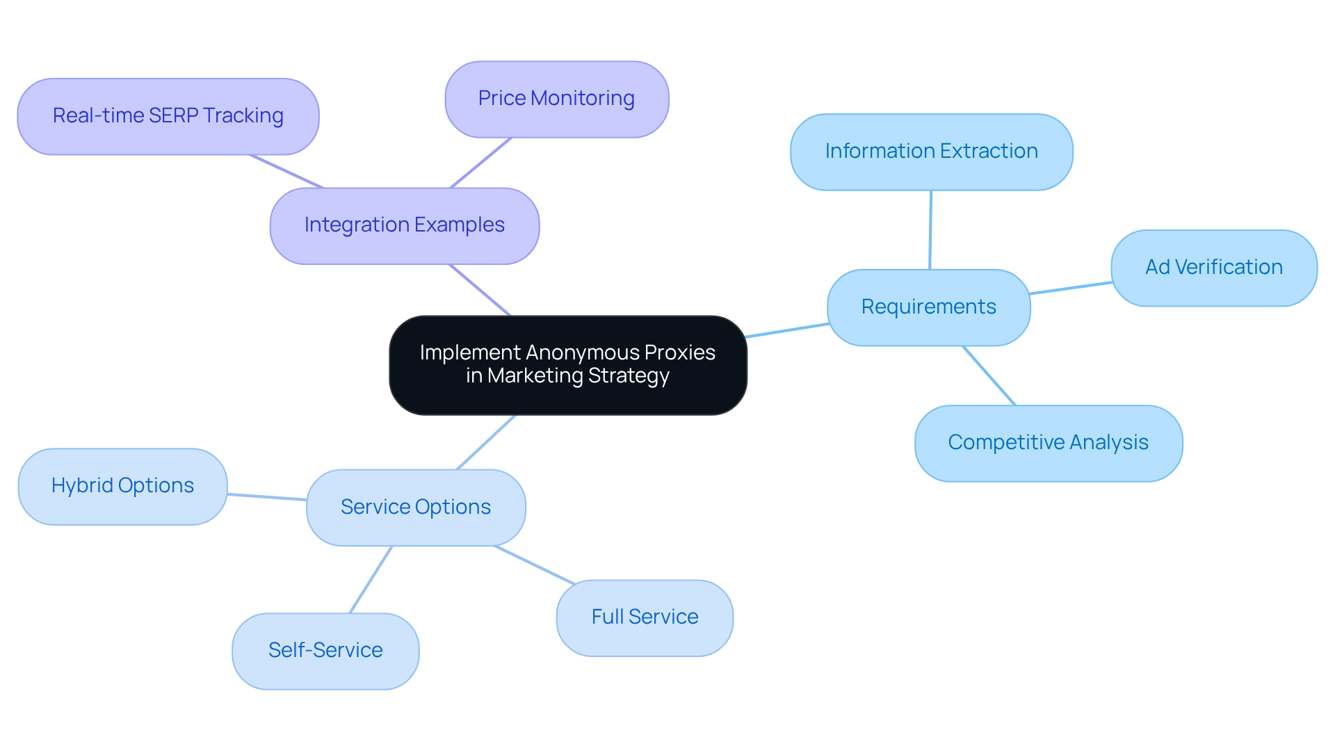 The center represents the main strategy, while the branches show specific requirements, service options, and examples of how to integrate anonymous proxies into marketing efforts.