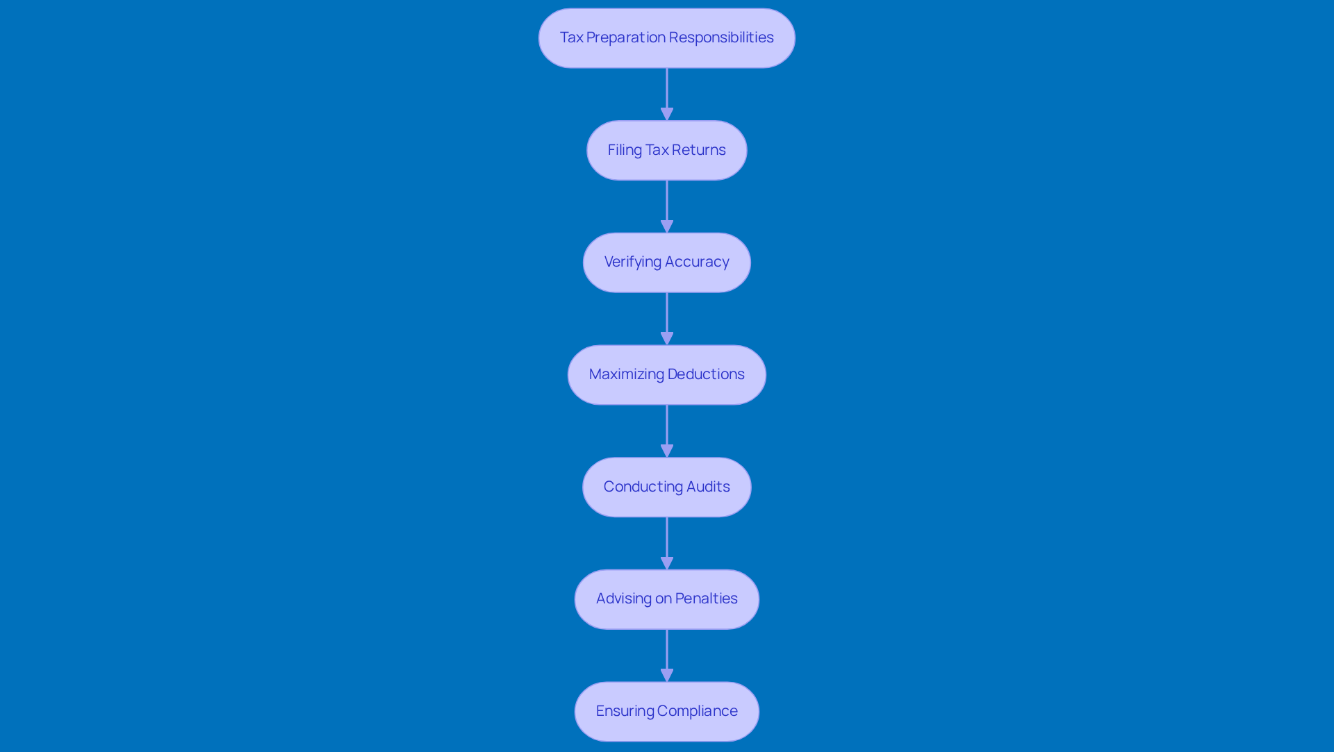Each box represents a key duty of CPAs in tax preparation. Follow the arrows to see how these responsibilities connect and support clients in navigating tax season.