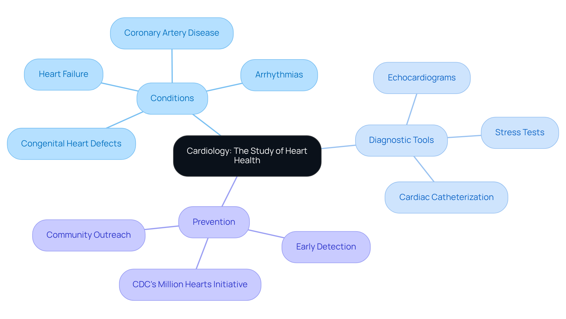 The central node represents cardiology, while the branches show different aspects of the field. Each condition, tool, and prevention strategy is connected to illustrate their importance in maintaining heart health.