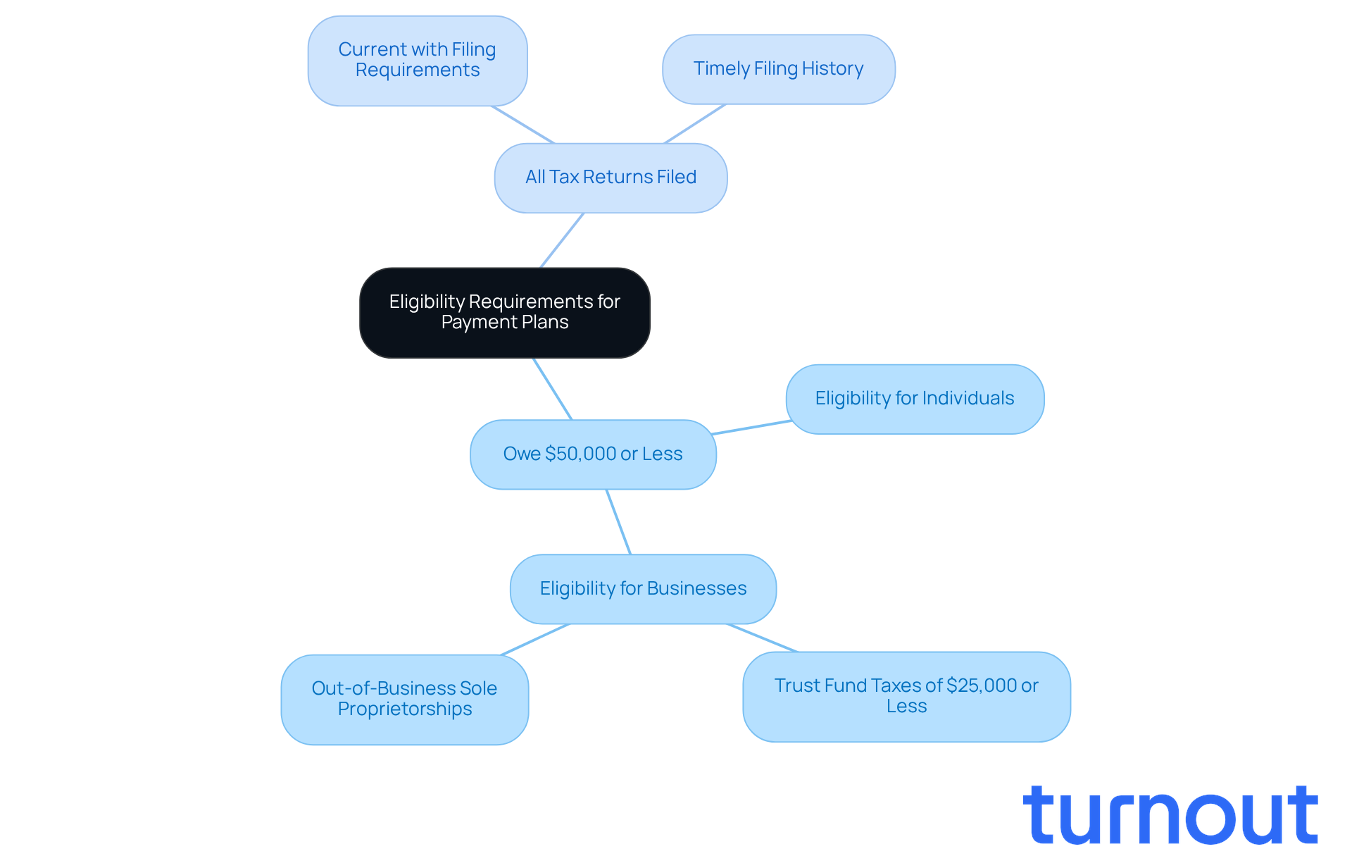 The center shows the main topic, and the branches detail the specific requirements you need to meet. Follow the branches to understand what you need to qualify for a payment plan.