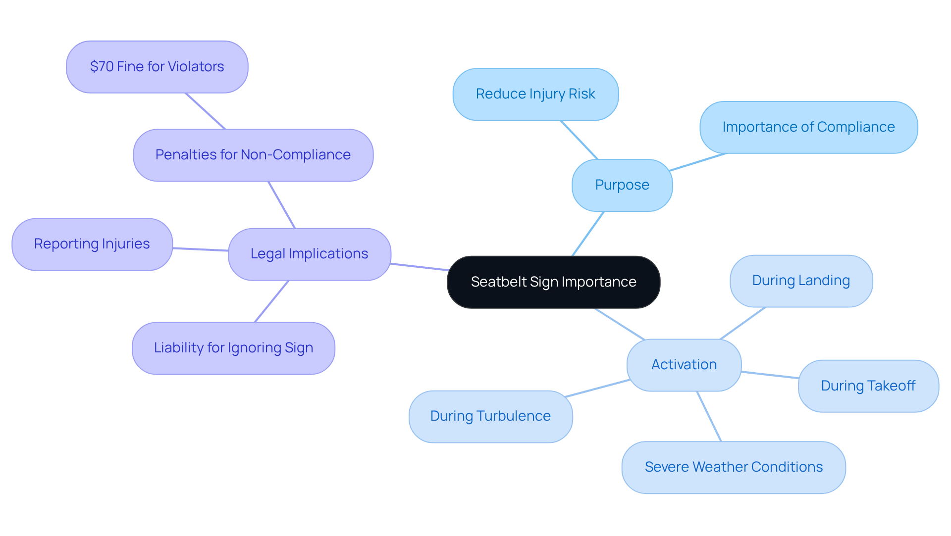 The central node represents the overall importance of the seatbelt sign, while the branches show different aspects: why it's important, when it should be activated, and the legal consequences of ignoring it. Follow the branches to explore each topic in detail.