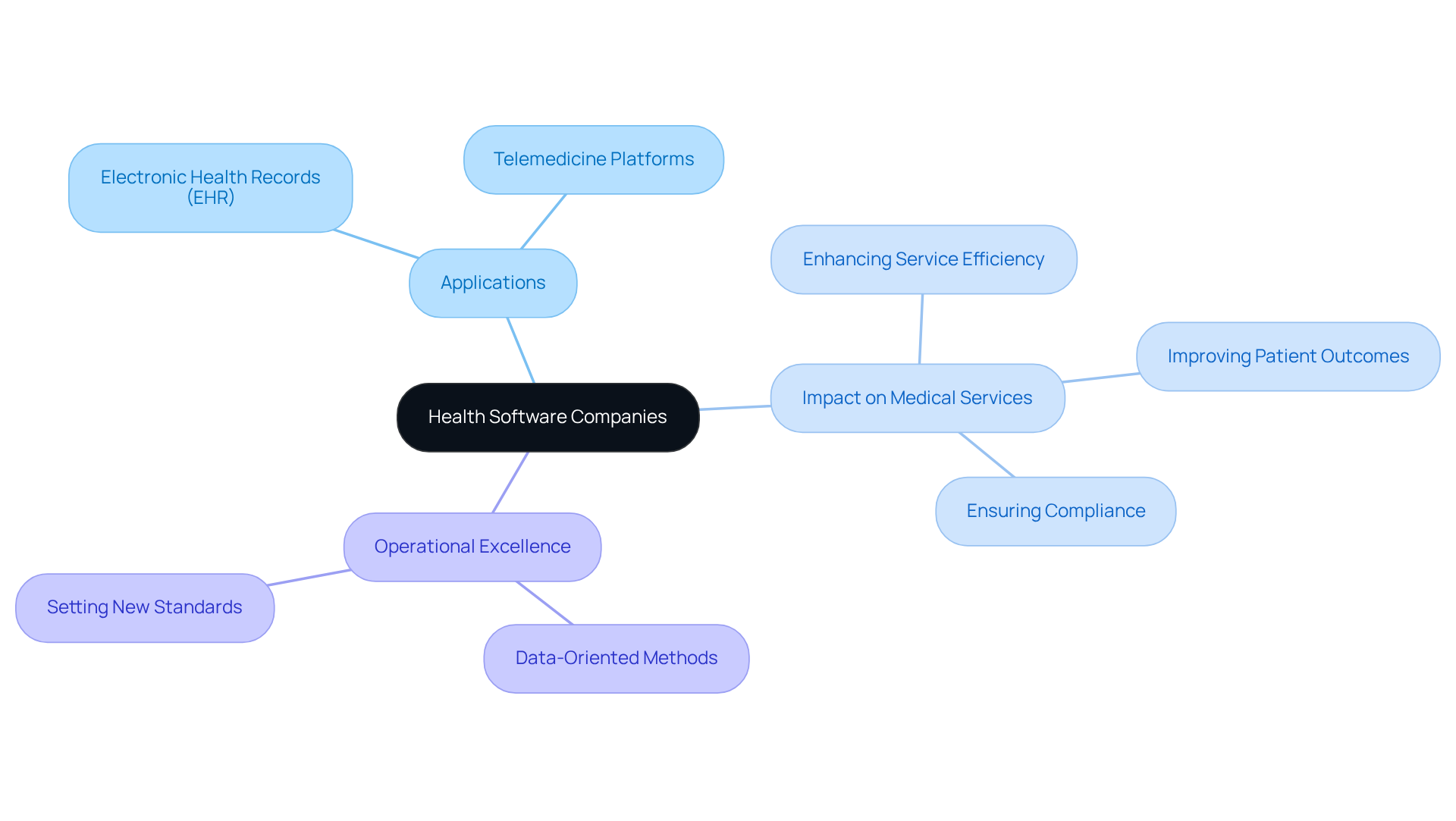 This mindmap starts with the main idea of health software companies at the center. From there, you can explore different applications they create and how they impact healthcare. Each branch leads to more specific details, helping you understand the full scope of their contributions.