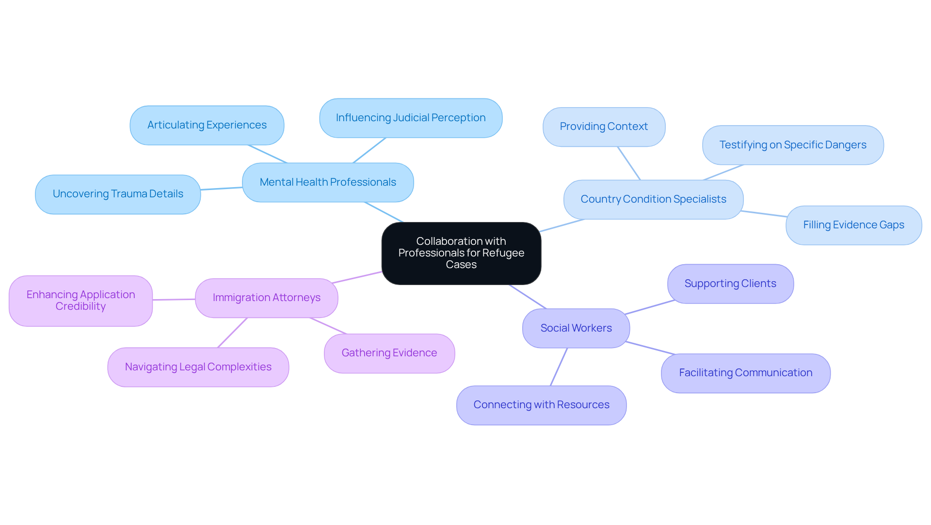 This mindmap illustrates how different professionals work together to strengthen refugee claims. Each branch shows a type of expert and what they contribute, helping you see the importance of teamwork in achieving a successful asylum application.