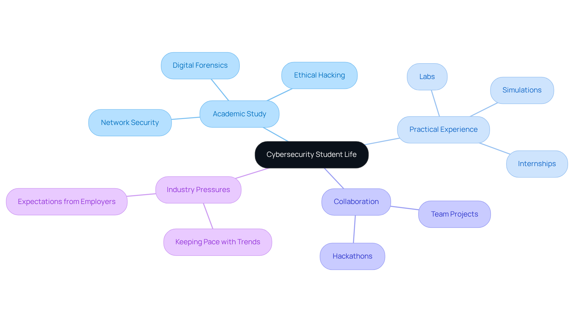 Start at the center with the main theme of student life, then explore each branch to see the key areas that shape the experience of cybersecurity students. Start at the center with the main theme of student life, then explore each branch to see the key areas that shape the experience of cybersecurity students.