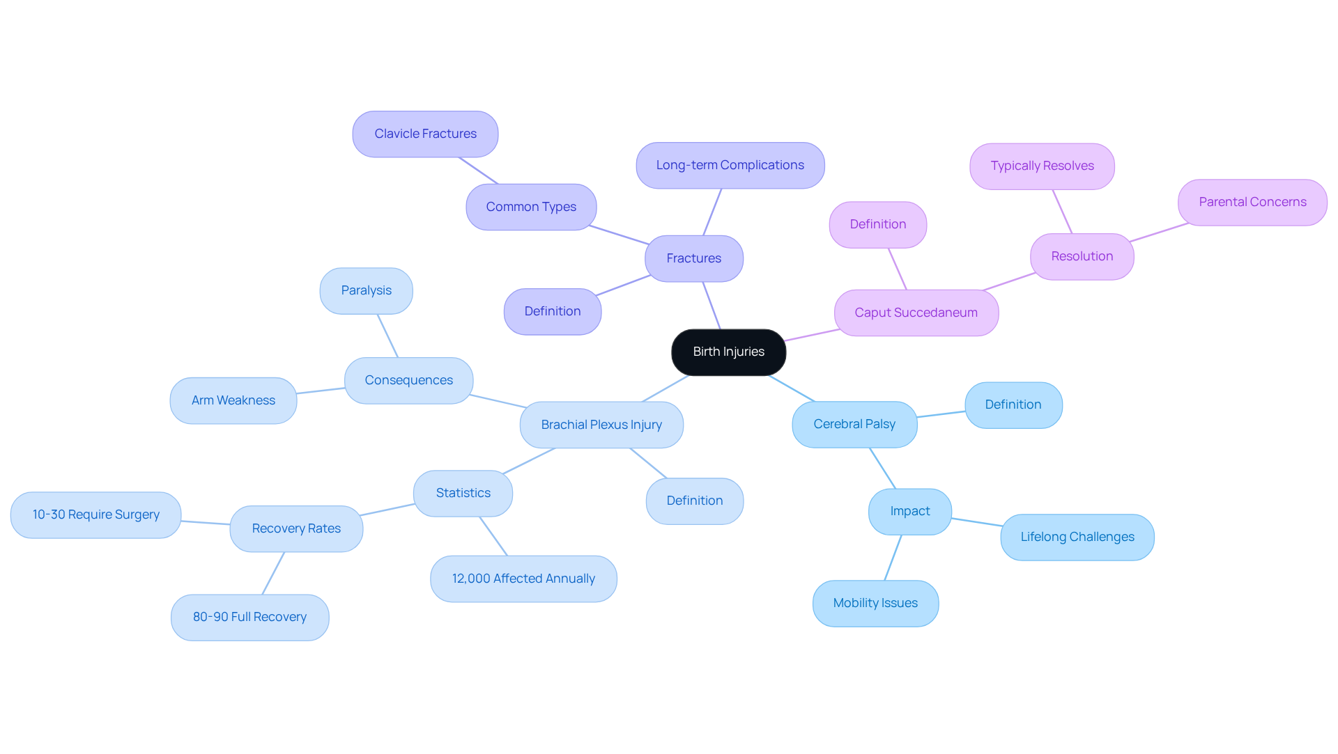The central node represents the overall topic of birth injuries, while the branches show specific types of injuries. Each description provides insight into the nature and impact of these injuries, helping families understand what to look for and consider.