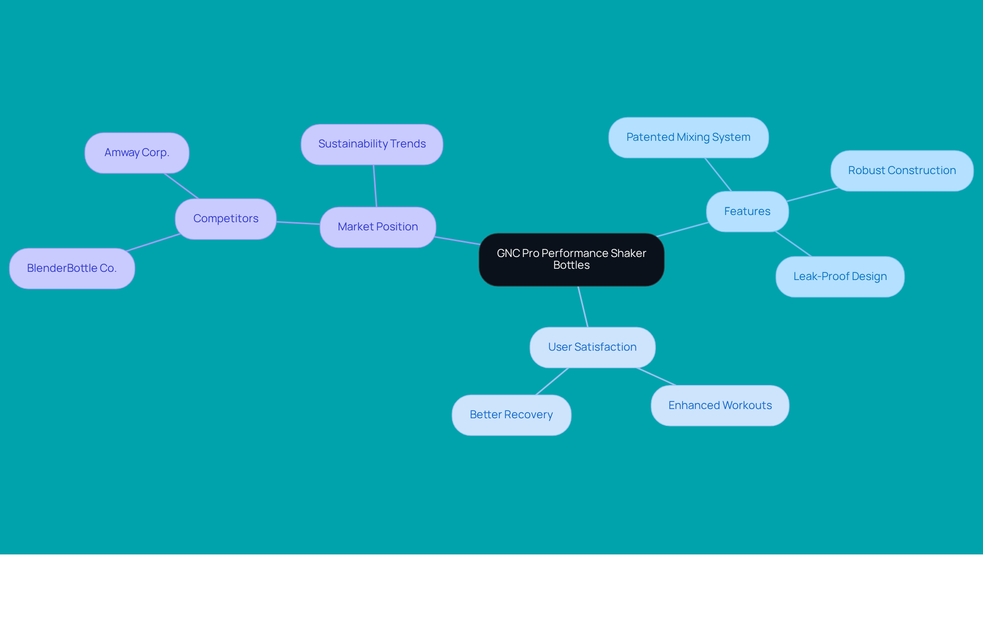 The central node represents the product, while branches show its features, user feedback, and how it stands against competitors. Each color-coded branch helps you navigate through the different aspects of the shaker bottles.