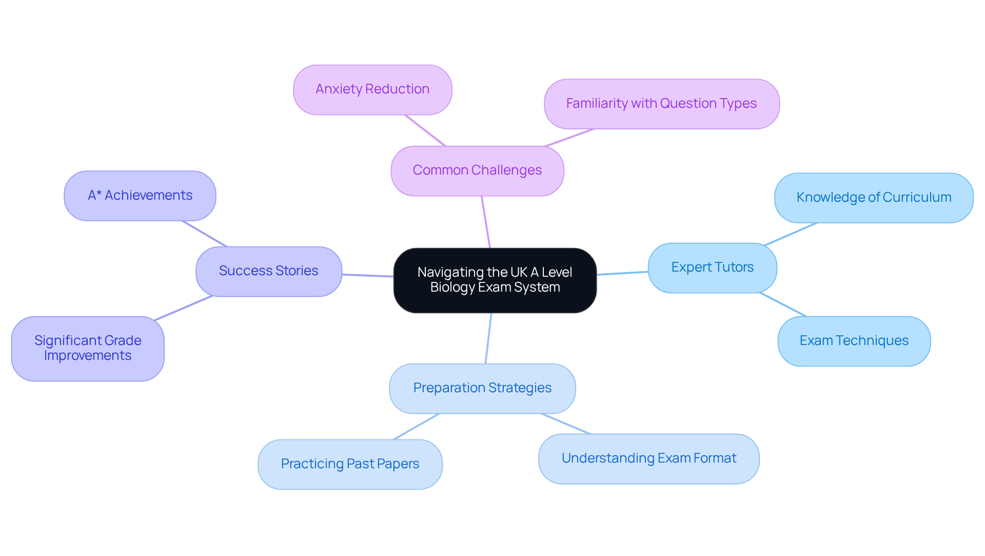Start at the center with the main topic, then follow the branches to explore how expert tutors, preparation strategies, and success stories all connect to help students excel in their exams.