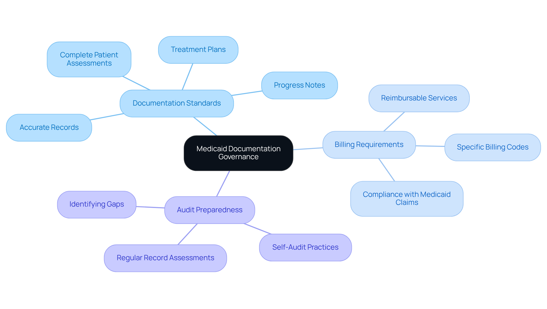 This mindmap starts with the central theme of Medicaid Documentation Governance. Each branch represents a key area of focus, and the sub-branches provide specific details related to that area. This structure helps you see how everything connects and why each part is important for compliance and financial stability.