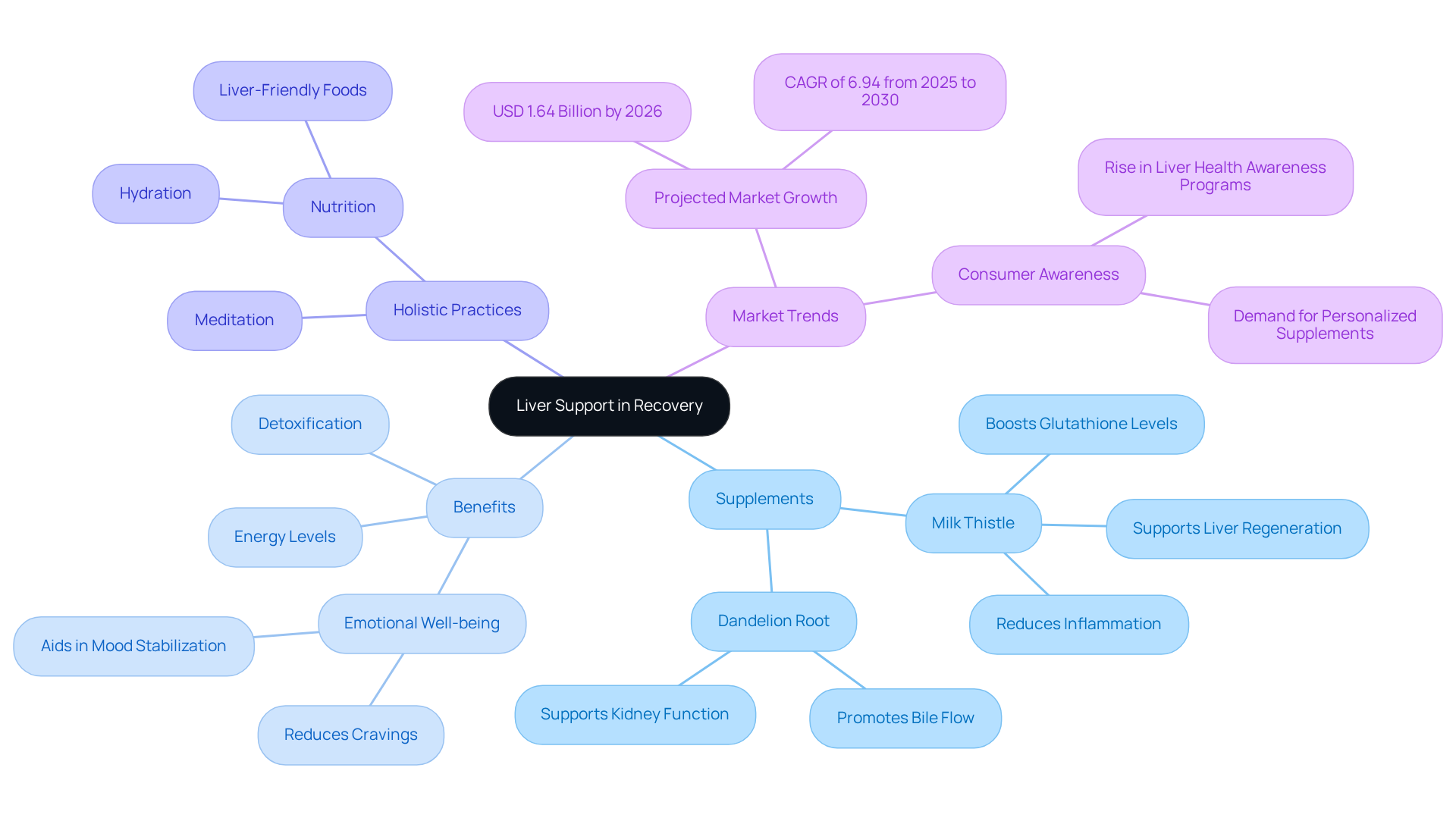 The central node represents the main topic of liver support in recovery. Each branch shows different aspects, like supplements and their benefits, helping you see how they all connect to improve health during recovery.