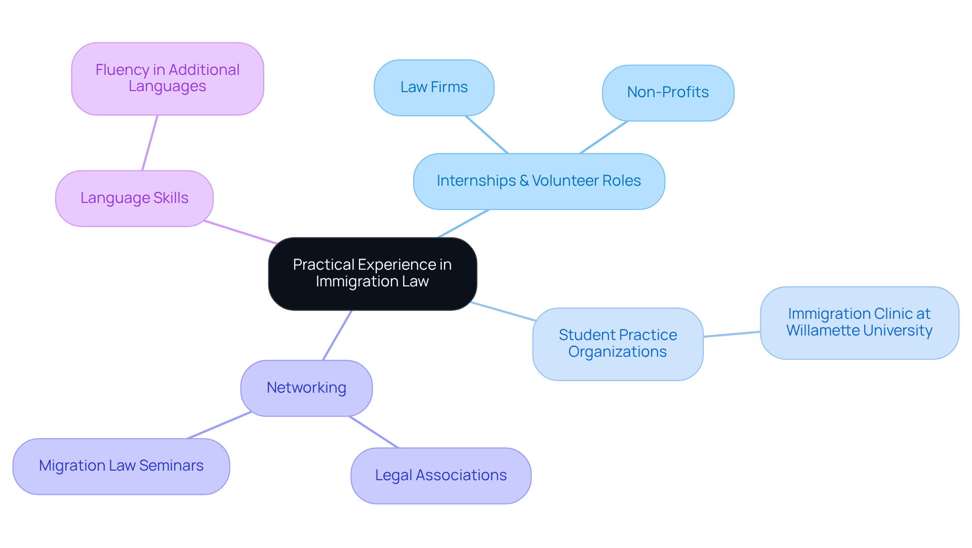 This mindmap illustrates how various elements contribute to gaining practical experience in immigration law. Start at the center with the main topic, then explore each branch to see how internships, networking, and language skills play a role in building a successful legal career.