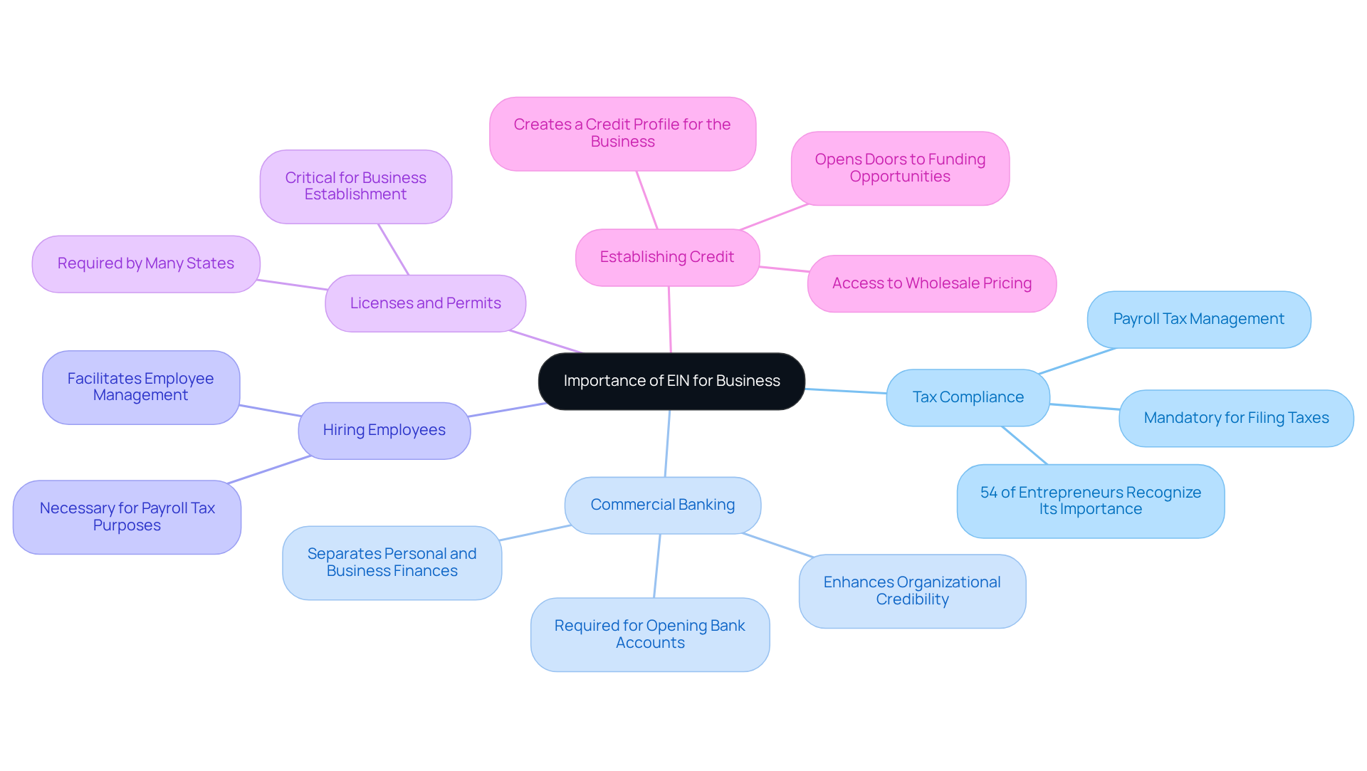 The central node represents the main topic, while the branches show different reasons why an EIN is crucial for businesses. Each branch contains specific details that explain the significance of that reason. The central node represents the main topic, while the branches show different reasons why an EIN is crucial for businesses. Each branch contains specific details that explain the significance of that reason.