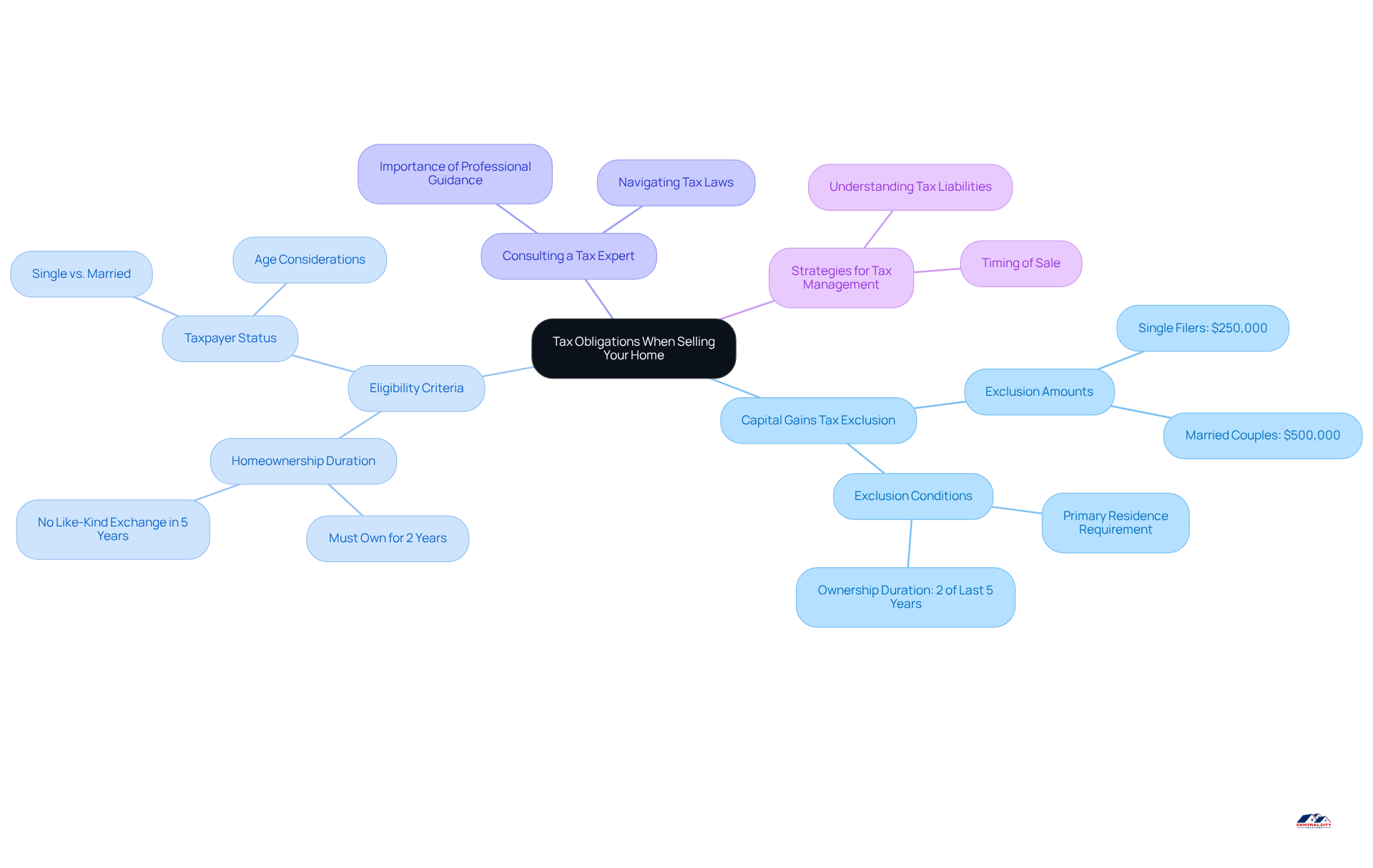 The central node introduces the main topic, while branches represent key areas of concern for homeowners regarding taxes. Each branch provides specific information related to that area, helping you see the big picture and how everything connects.
