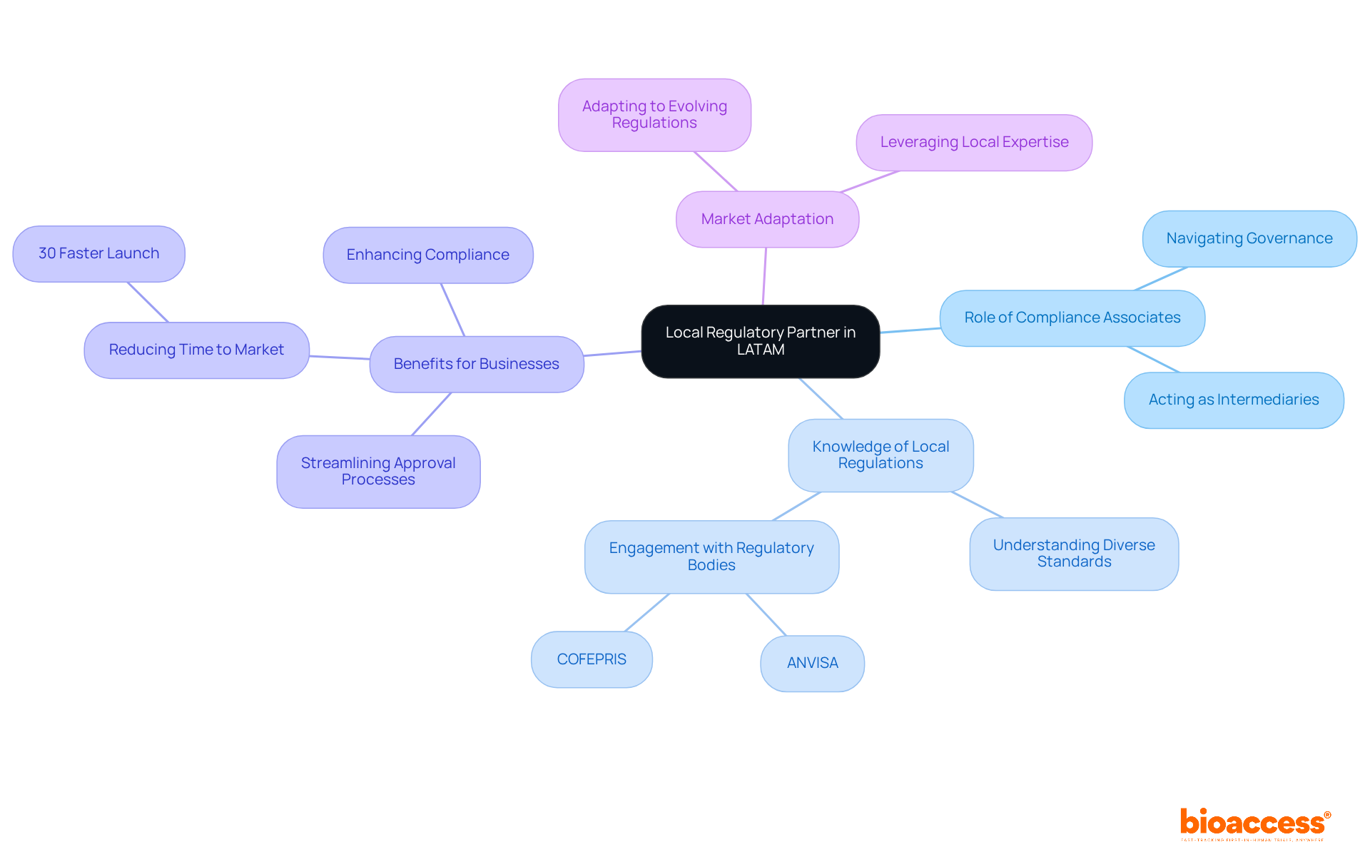 The central node represents the main topic, while the branches illustrate the various aspects of how local regulatory partners support businesses in LATAM. Follow the branches to explore their roles and benefits.