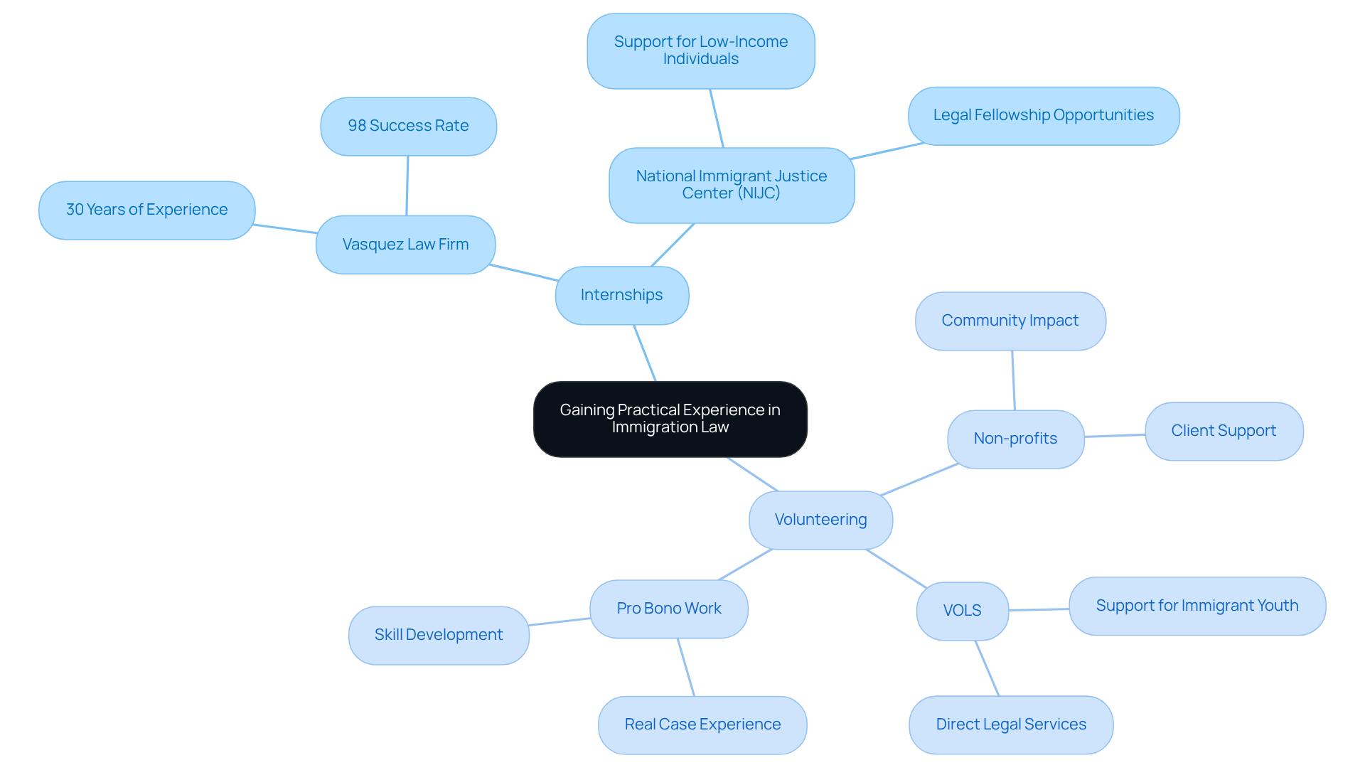 This mindmap shows how internships and volunteering can help you become an immigration lawyer. Each branch represents different opportunities and organizations, illustrating how they contribute to your skills and impact on the community.