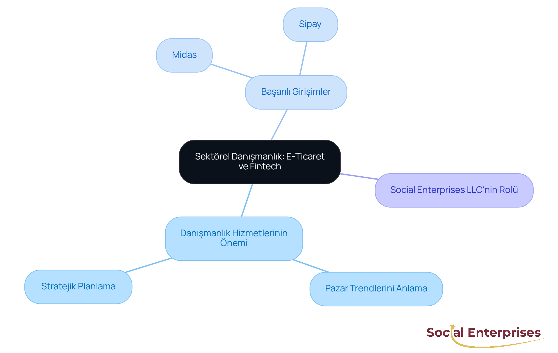 Merkezdeki konu, sektörel danışmanlık hizmetlerinin e-ticaret ve fintech üzerindeki etkilerini gösteriyor. Dallar, bu hizmetlerin sağladığı avantajları ve örnek girişimleri temsil ediyor.