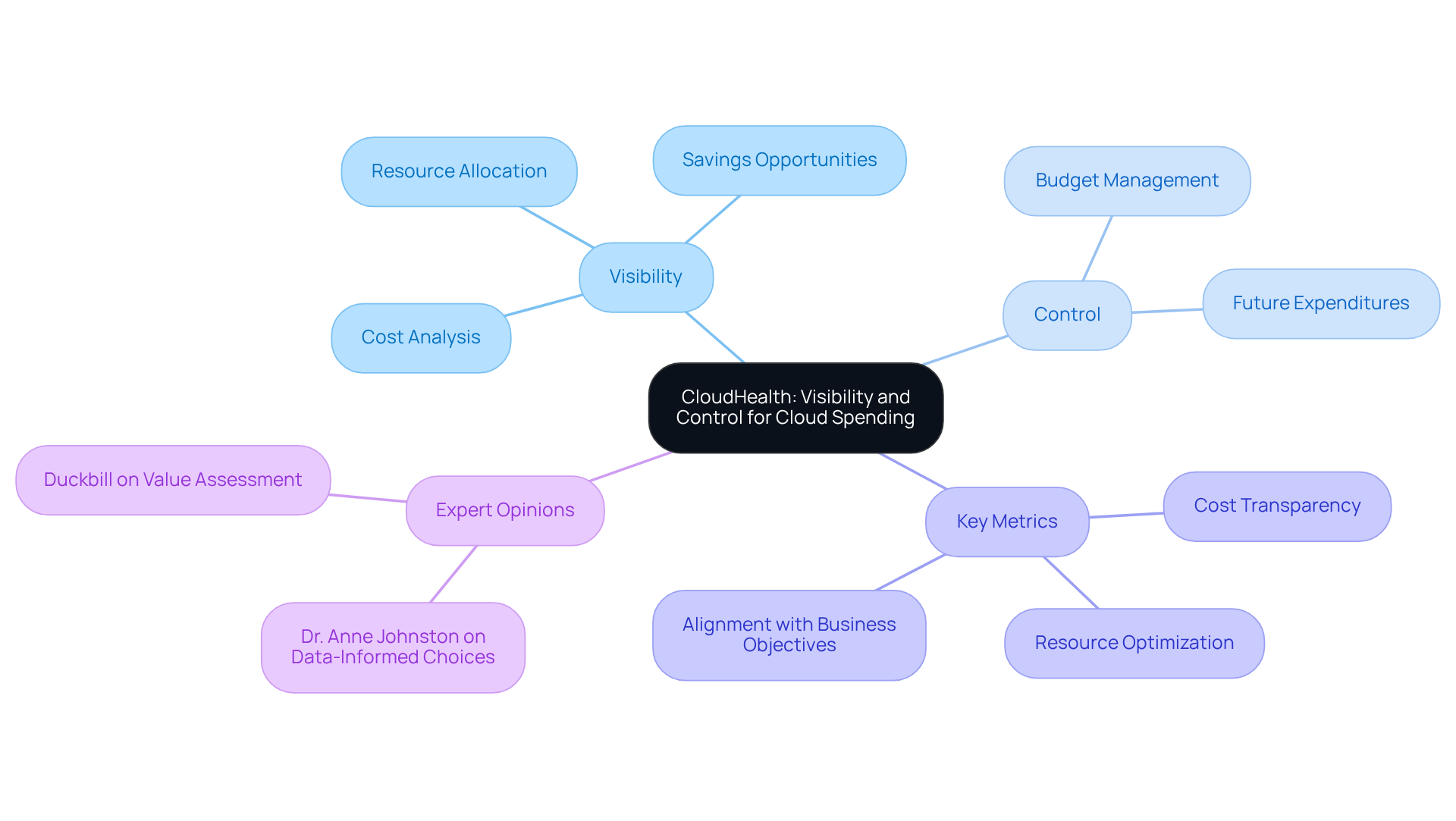 The central node represents CloudHealth's main focus, while the branches show different aspects of its capabilities and expert insights. Each branch helps you understand how CloudHealth contributes to better financial decision-making in cloud services.
