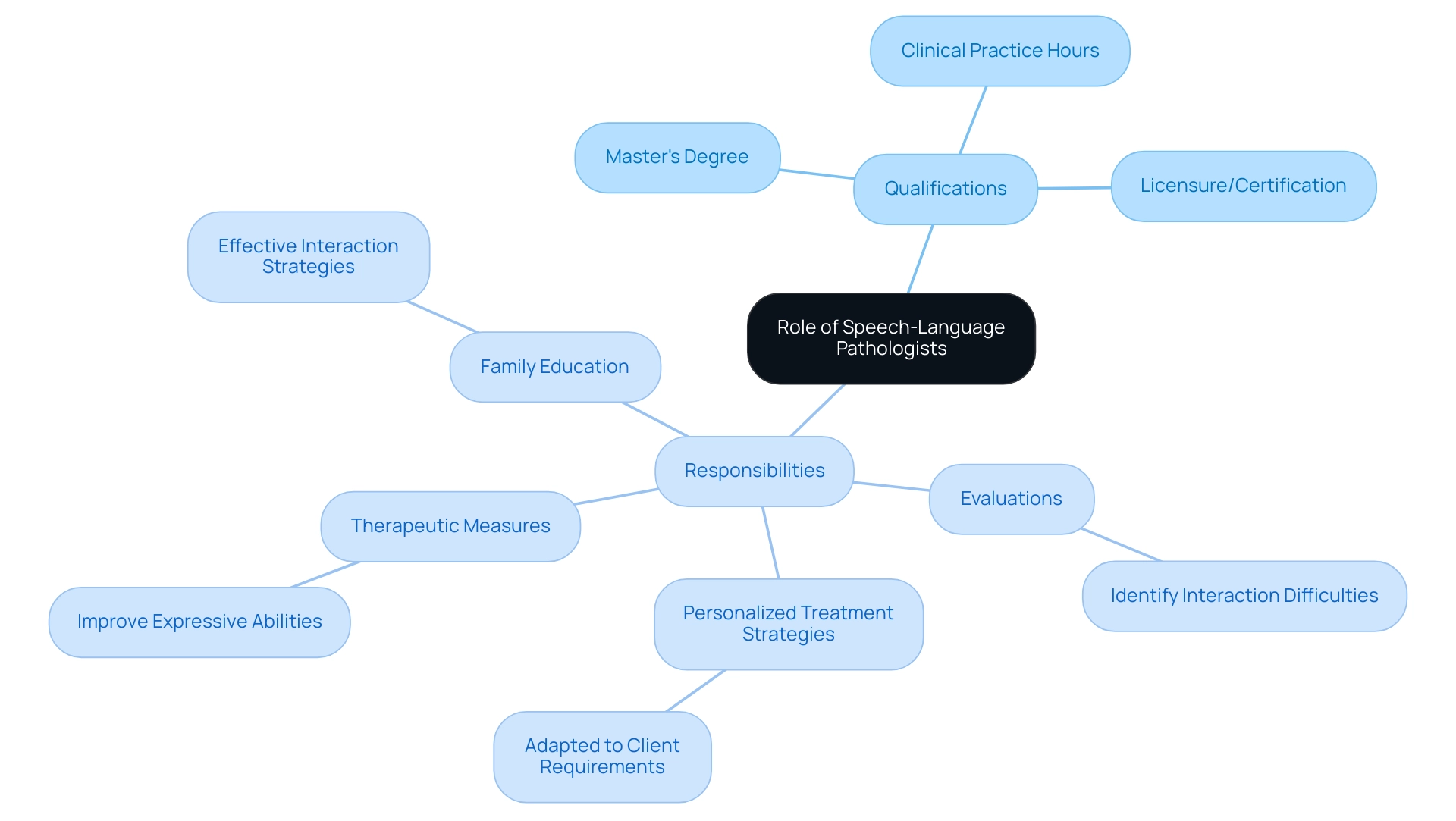 The central node represents the overall role, with branches showing qualifications and responsibilities, each further divided into specific components.