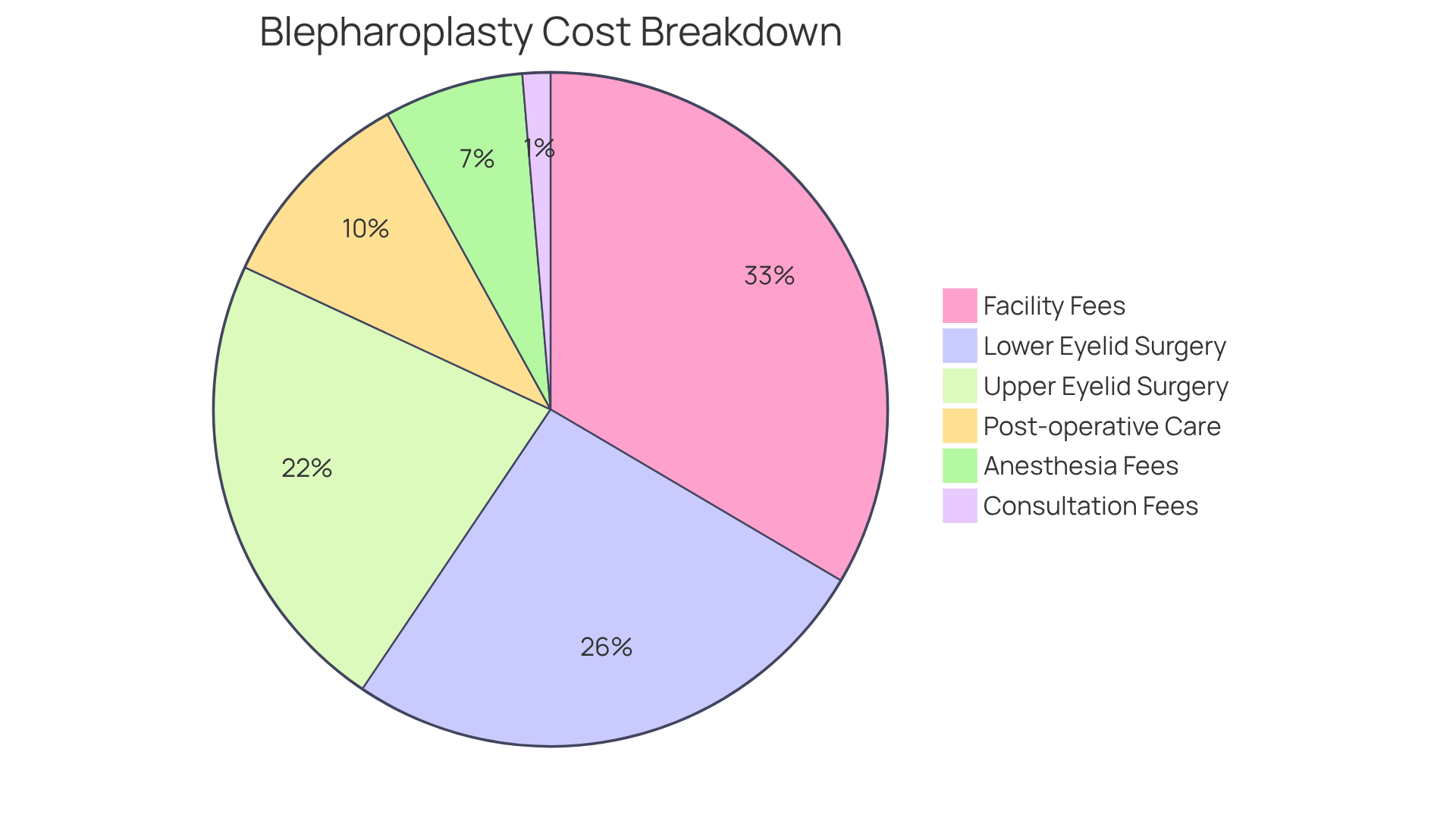 Each segment of the pie chart shows a different part of the total cost for eyelid surgery. The larger the segment, the more it contributes to the overall expense. This helps you understand where your money goes when considering blepharoplasty. Each segment of the pie chart shows a different part of the total cost for eyelid surgery. The larger the segment, the more it contributes to the overall expense. This helps you understand where your money goes when considering blepharoplasty.
