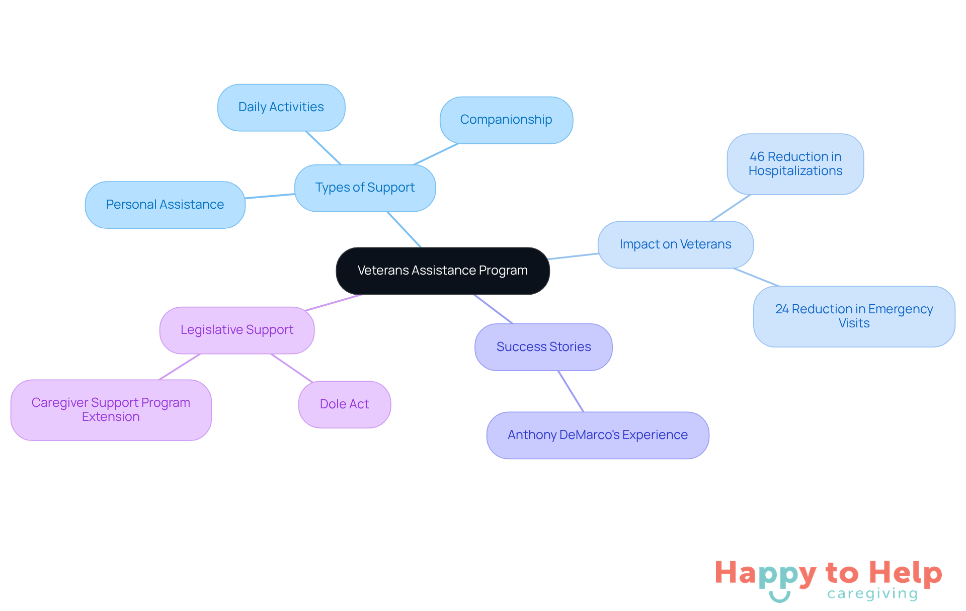 The central node represents the program, while branches show different aspects of support and impact. Each color-coded branch helps you see how various elements connect to improve veterans' lives.