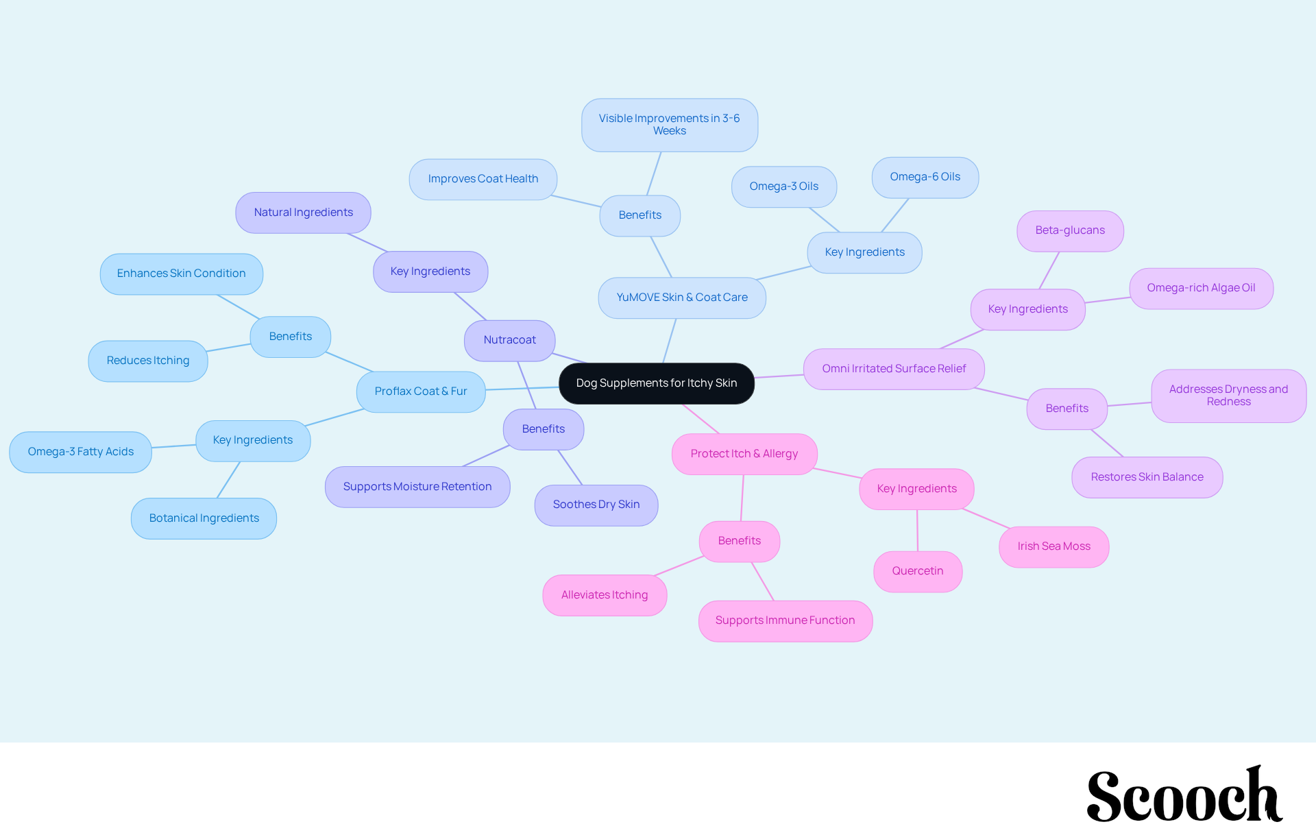 The central node represents the main topic, while each branch shows a different supplement. Follow the branches to discover the ingredients and benefits of each product, helping you make an informed choice for your dog's health.