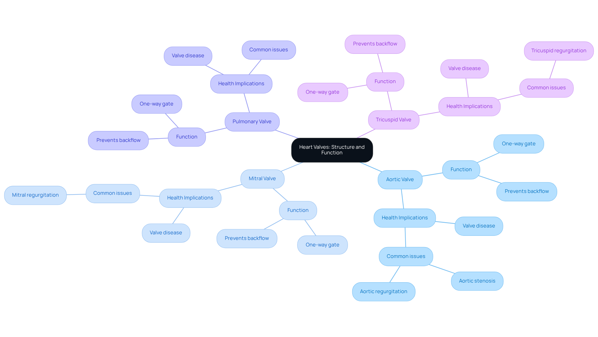 The central node represents the heart valves, while each branch shows a specific valve and its role. The sub-branches highlight important functions and health considerations, helping you understand how these components work together to maintain circulatory health. The central node represents the heart valves, while each branch shows a specific valve and its role. The sub-branches highlight important functions and health considerations, helping you understand how these components work together to maintain circulatory health.