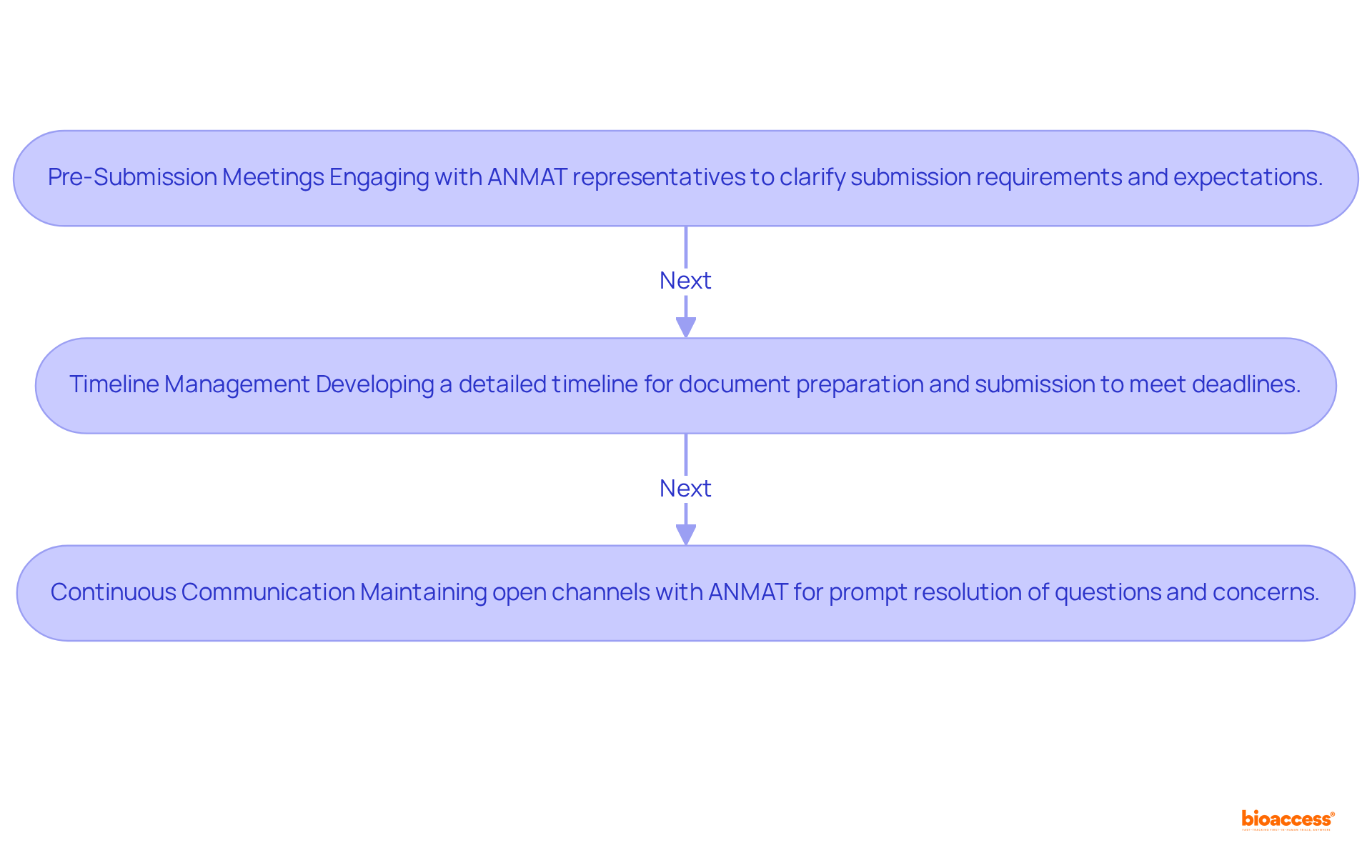 Each box represents a strategy to navigate the ANMAT review process. Follow the arrows to see the recommended order of applying these strategies for successful dossier submission.