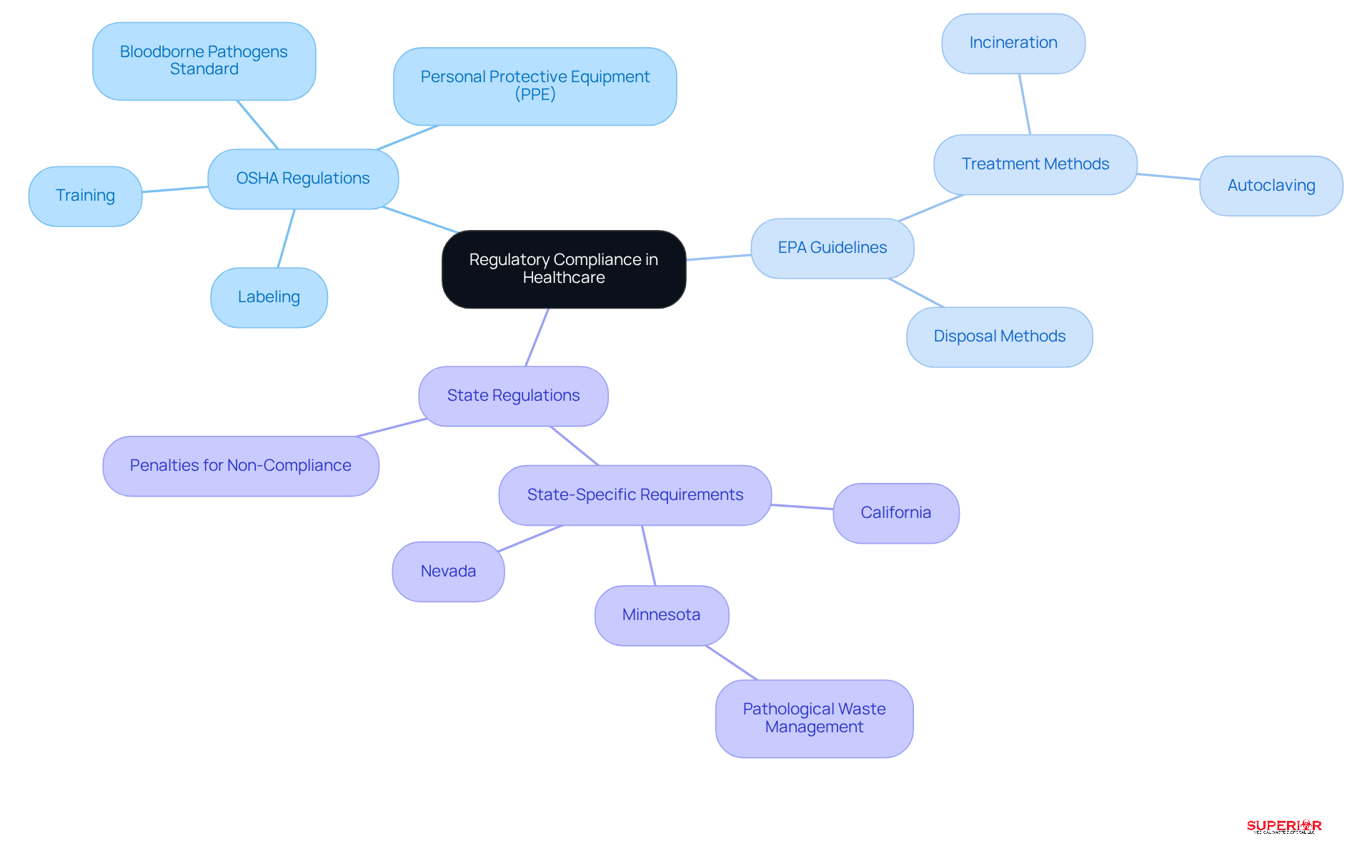 The central node represents the overall theme of regulatory compliance, while the branches show specific regulations and their requirements. Each color-coded branch helps you quickly identify the different areas of compliance.