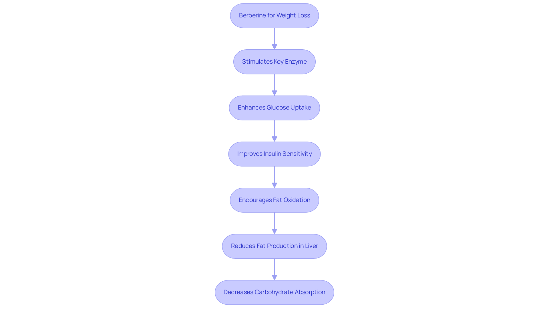 This flowchart shows how Berberine works to help with weight loss. Each box represents a different action that Berberine takes in the body, and the arrows show how these actions connect to support your weight loss journey.
