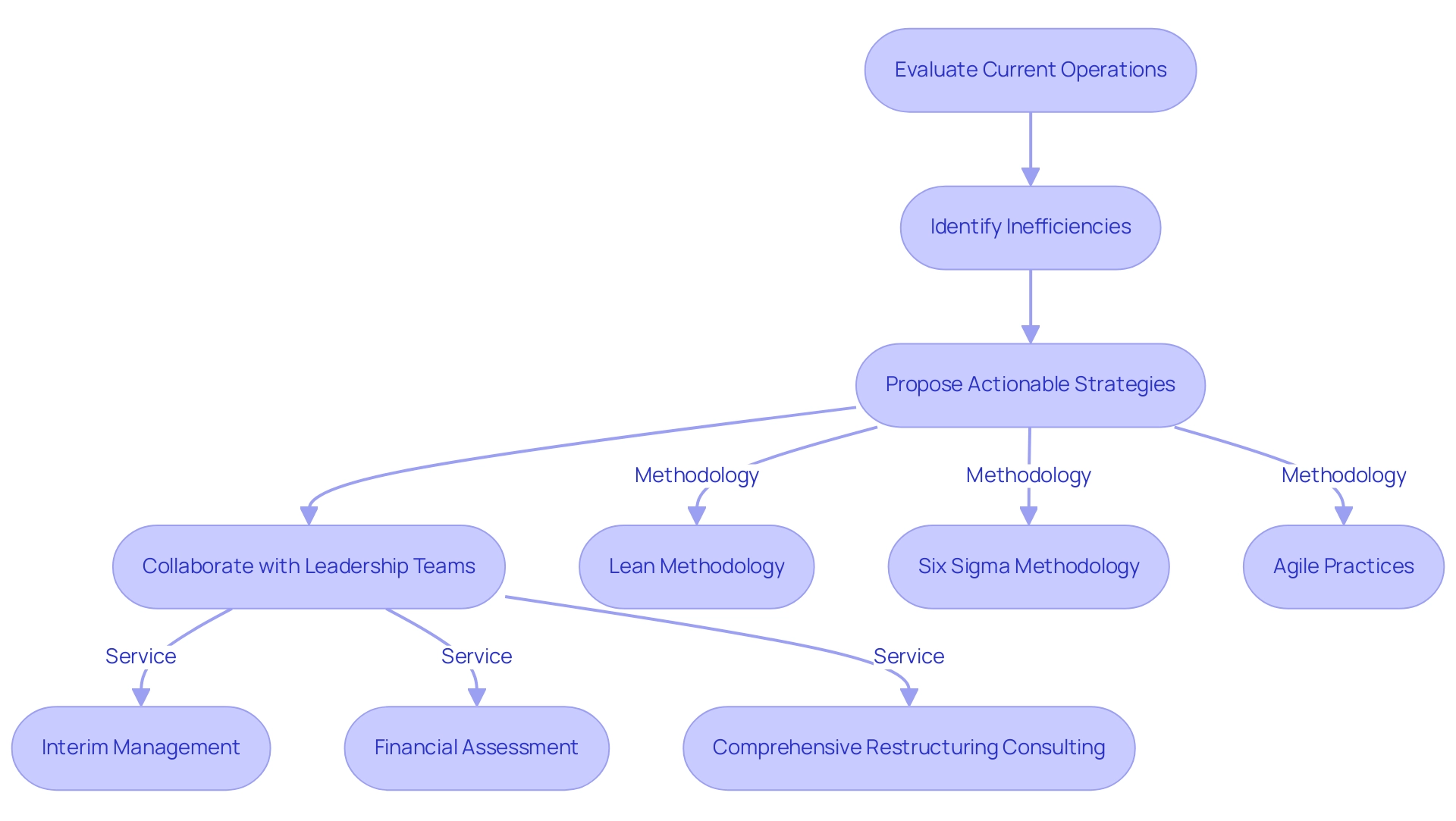 Each box represents a step in the consulting process, and the arrows indicate the flow of activities. Methodologies and services can branch off from relevant steps to show their application.